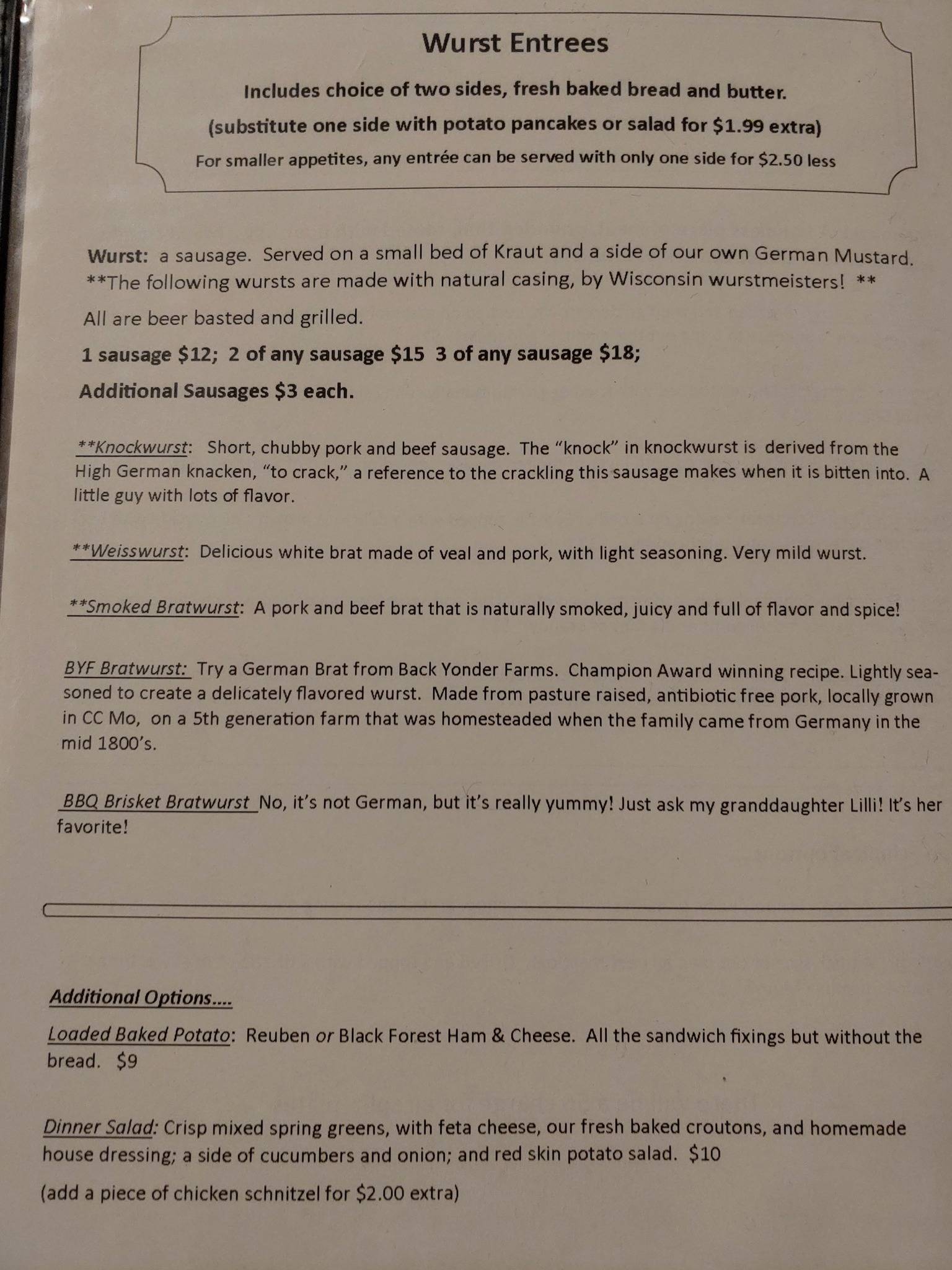 Menu at The German Table restaurant, Cole Camp