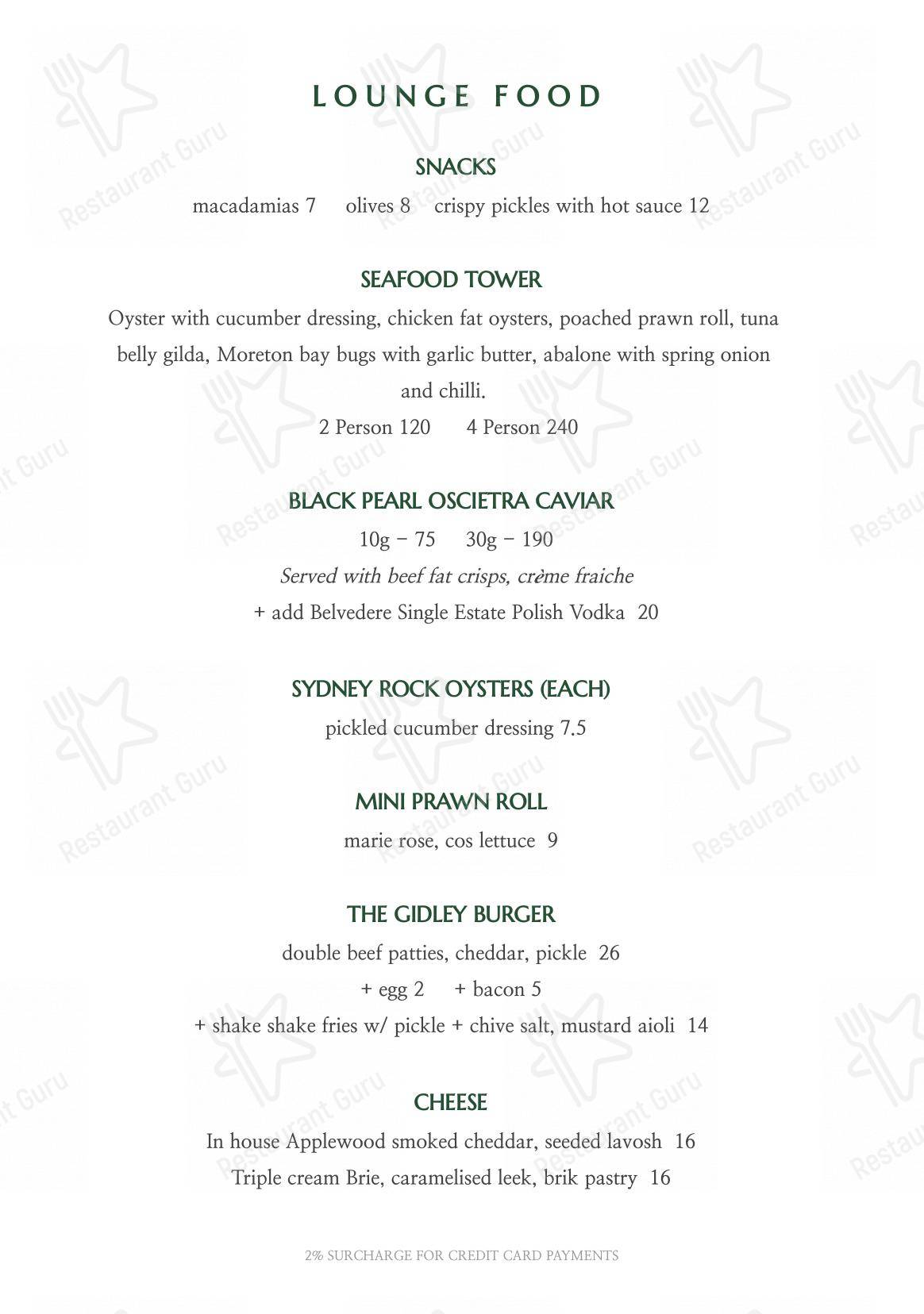 Menu at The Gidley steakhouse, Sydney