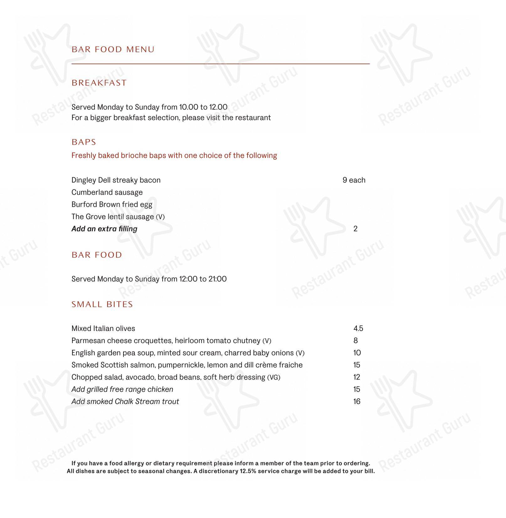 Menu at The Glasshouse restaurant, Watford, Chandler's Cross