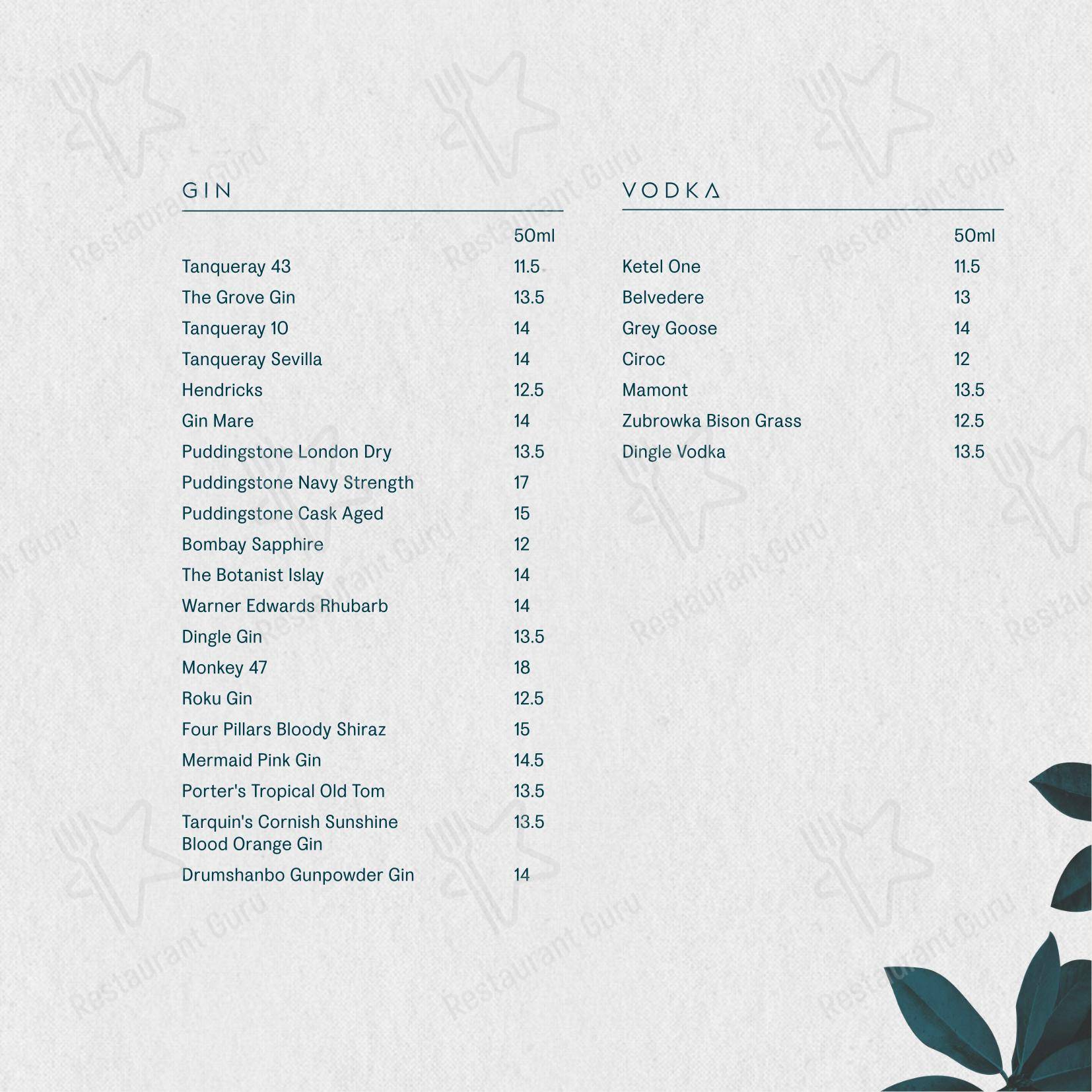 Menu at The Glasshouse restaurant, Watford, Chandler's Cross