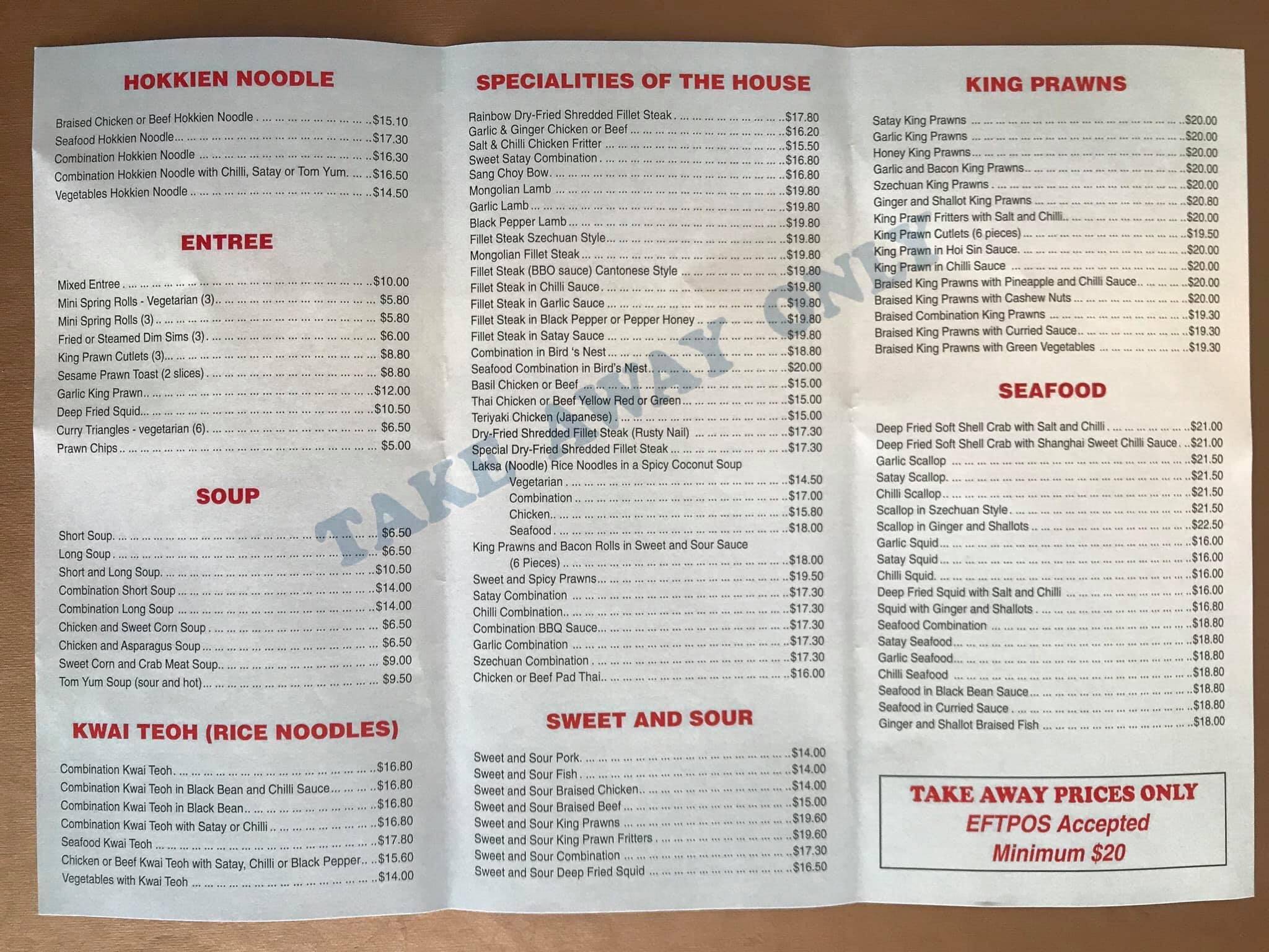 Menu at The Golden Buddha Restaurant, Georgetown