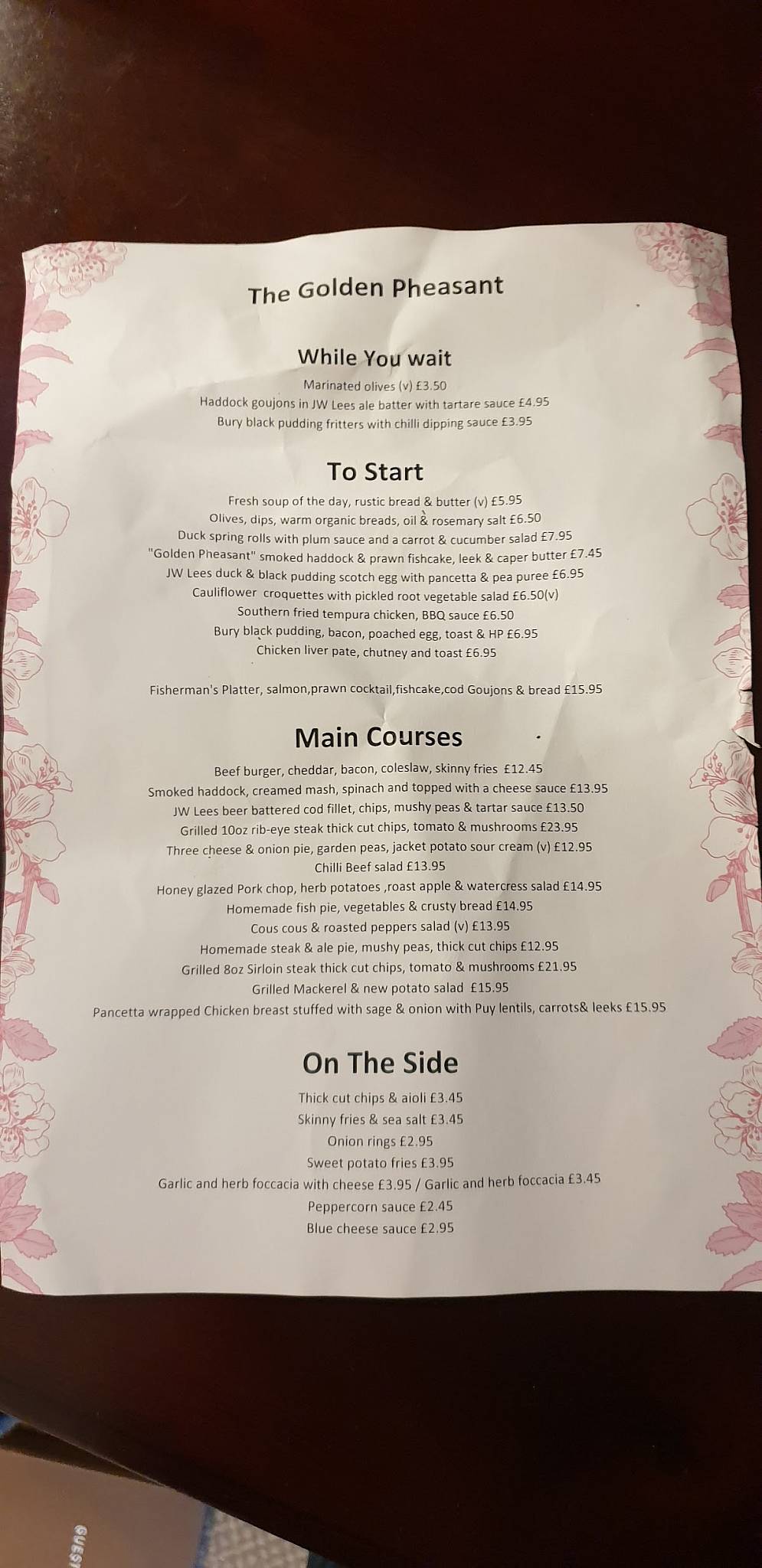 Menu at The Golden Pheasant At Plumley pub & bar, Knutsford