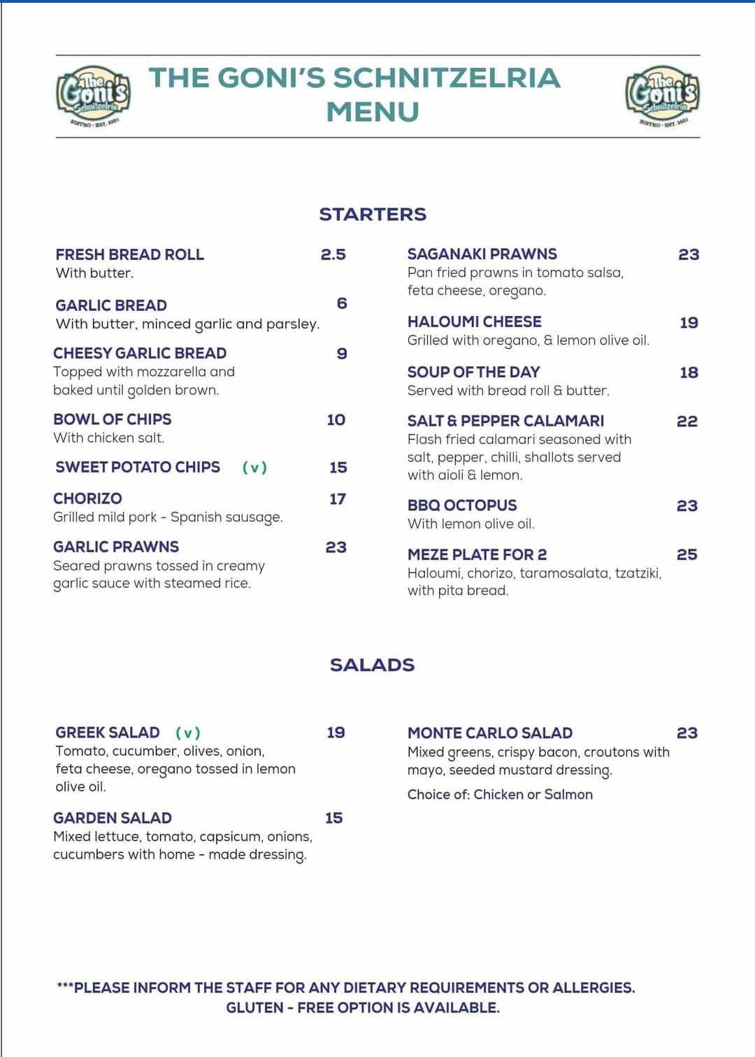 Menu at The Goni's Schnitzelria restaurant, Ramsgate