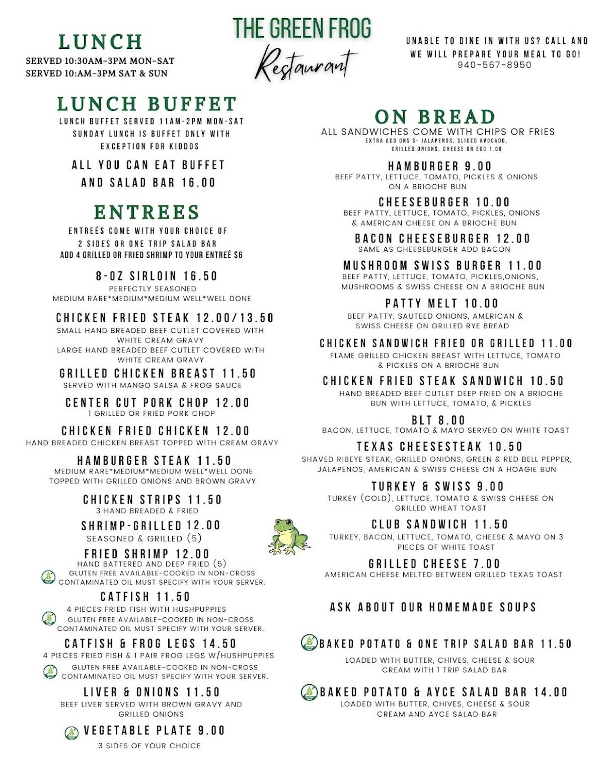 Menu at The Green Frog Restaurant, Jacksboro