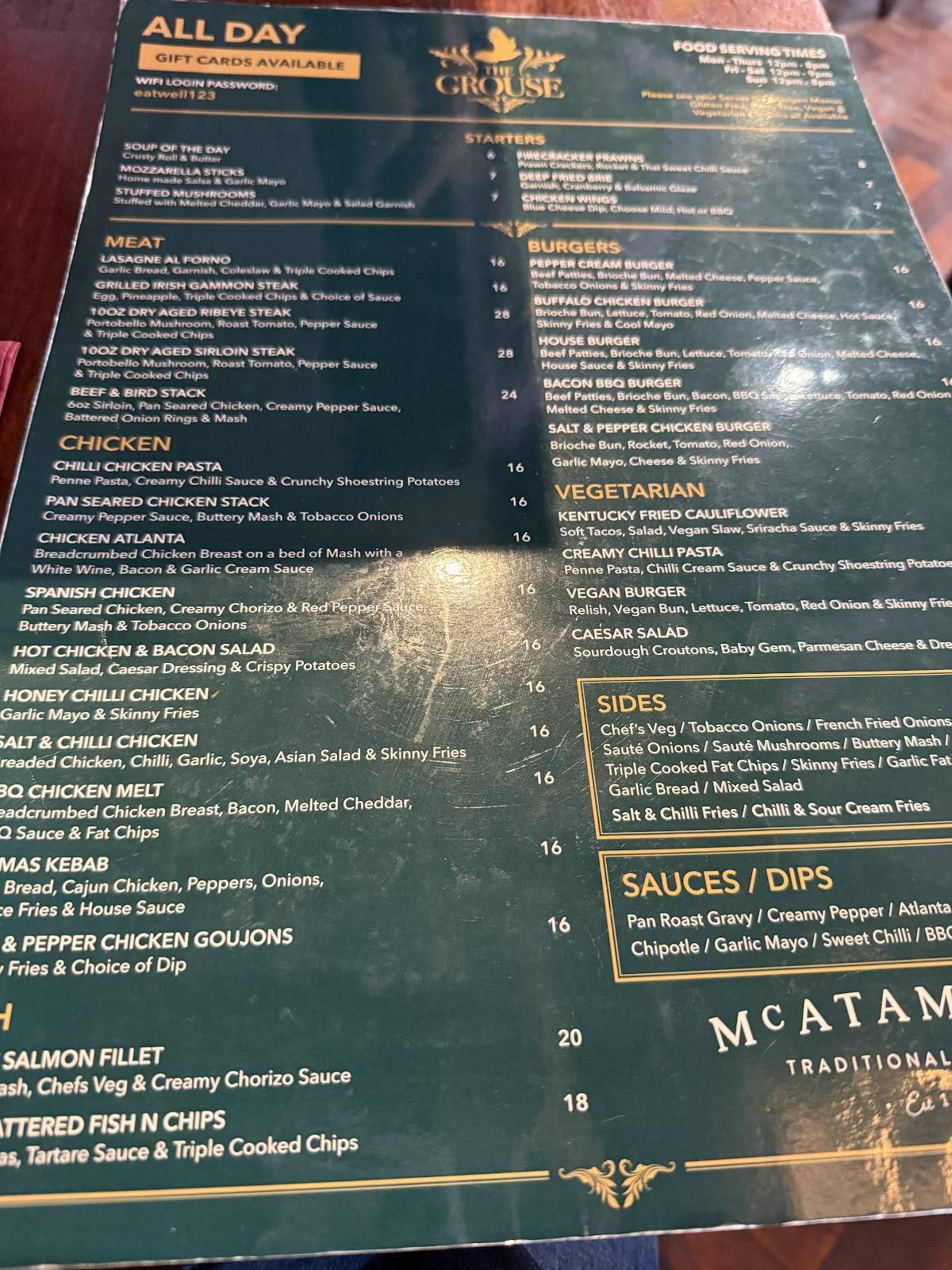 Menu at The Grouse Bar & Restaurant, Ballymena, 74-76 Ballymoney St