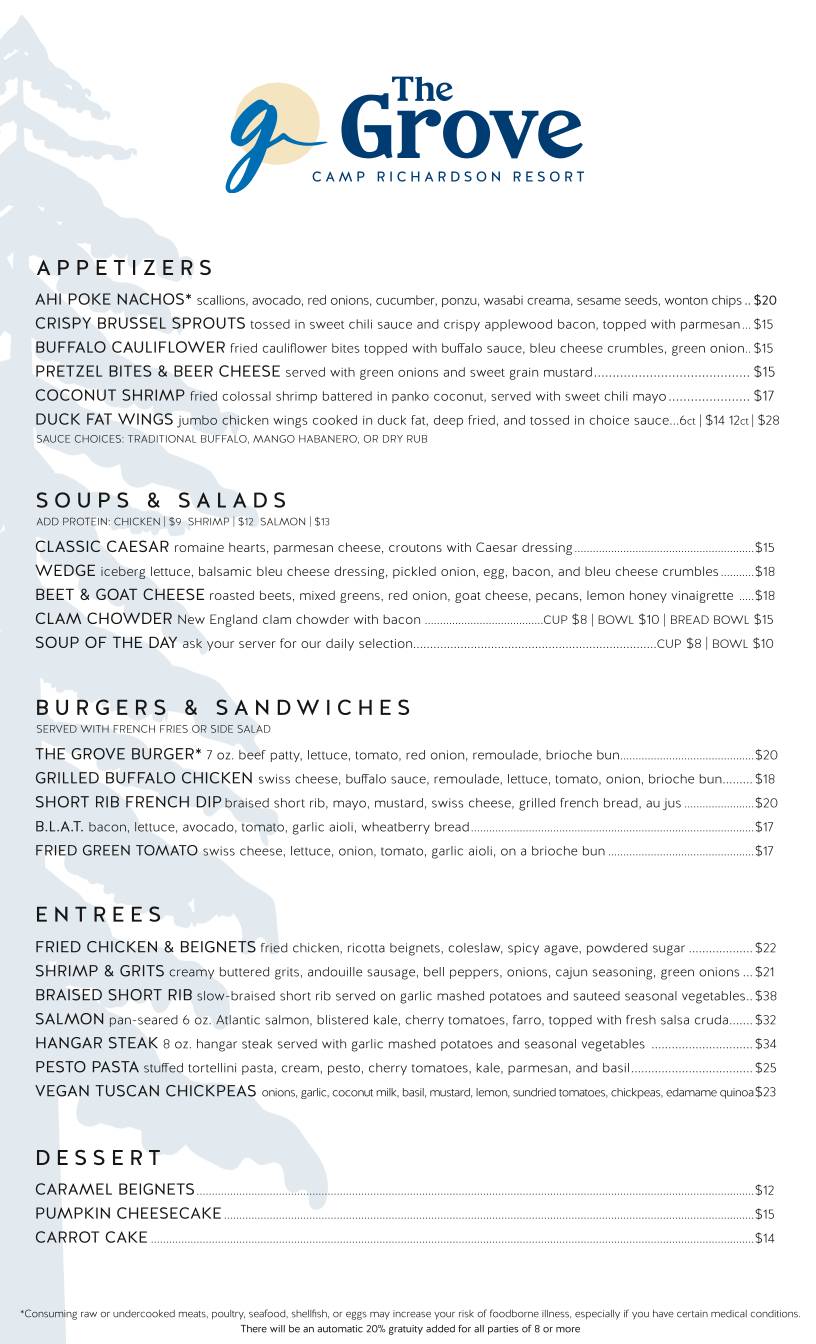 Menu at The Grove Beach Bar & Grill, South Lake Tahoe