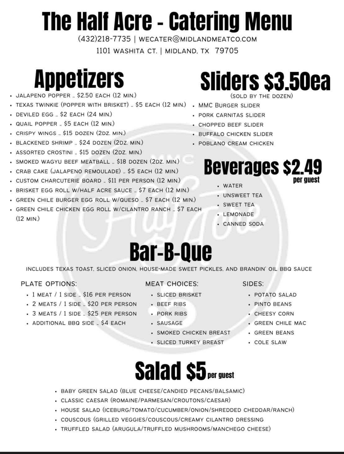 Menu at MMC's The Half Acre BBQ, Midland