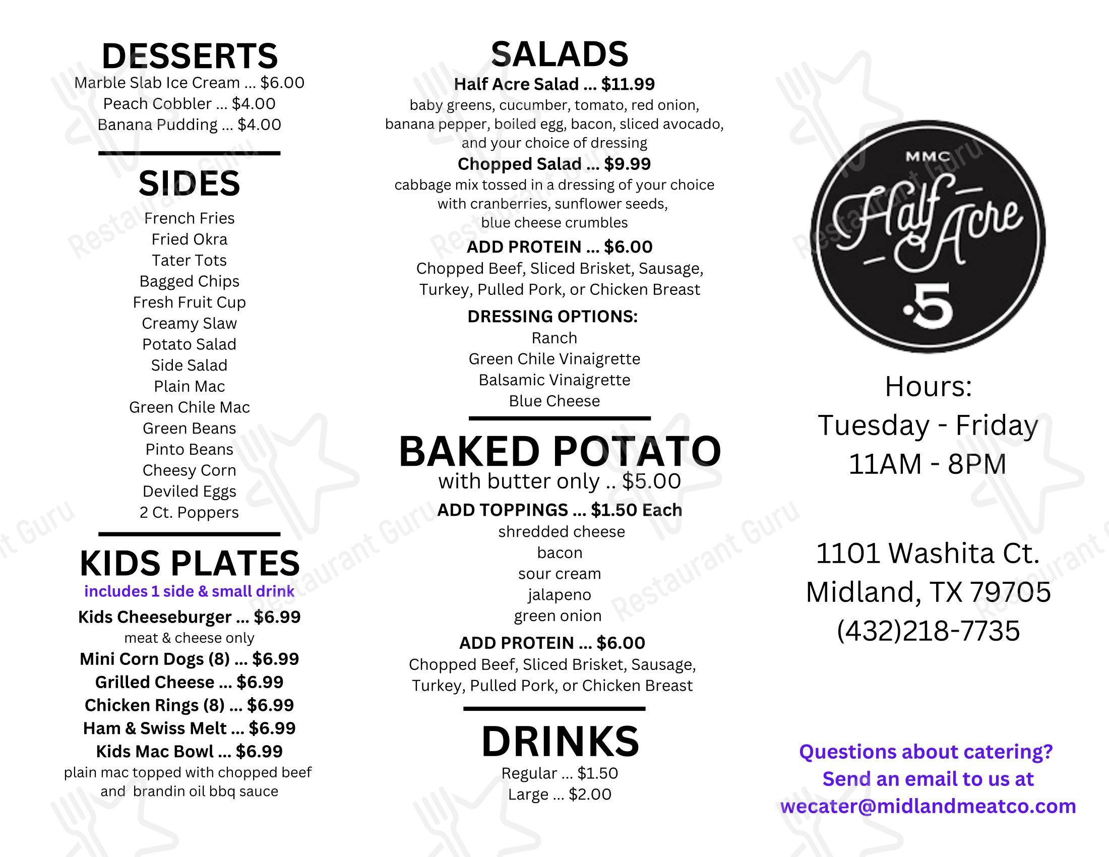 Menu at The Half Acre BBQ, Midland