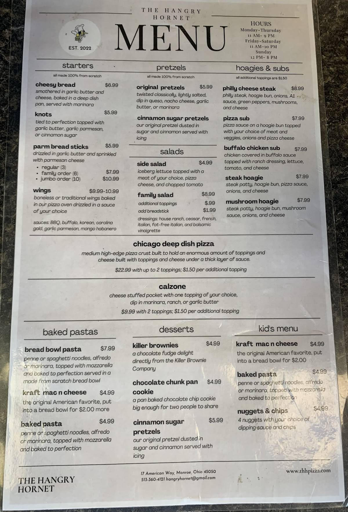 Menu at The Hangry Hornet Pizza Company pizzeria, Monroe