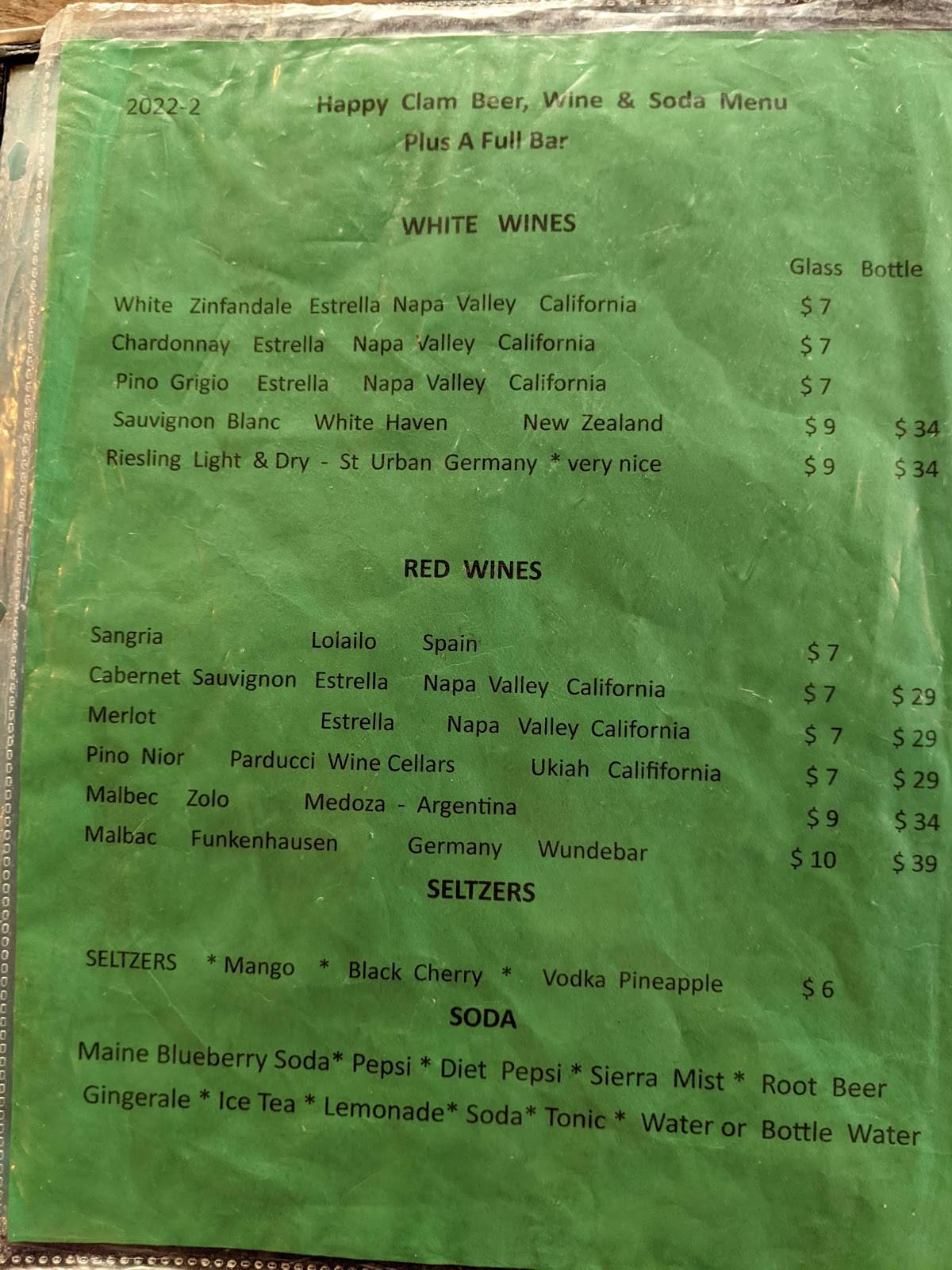 Menu at The Happy Clam restaurant, Saint George