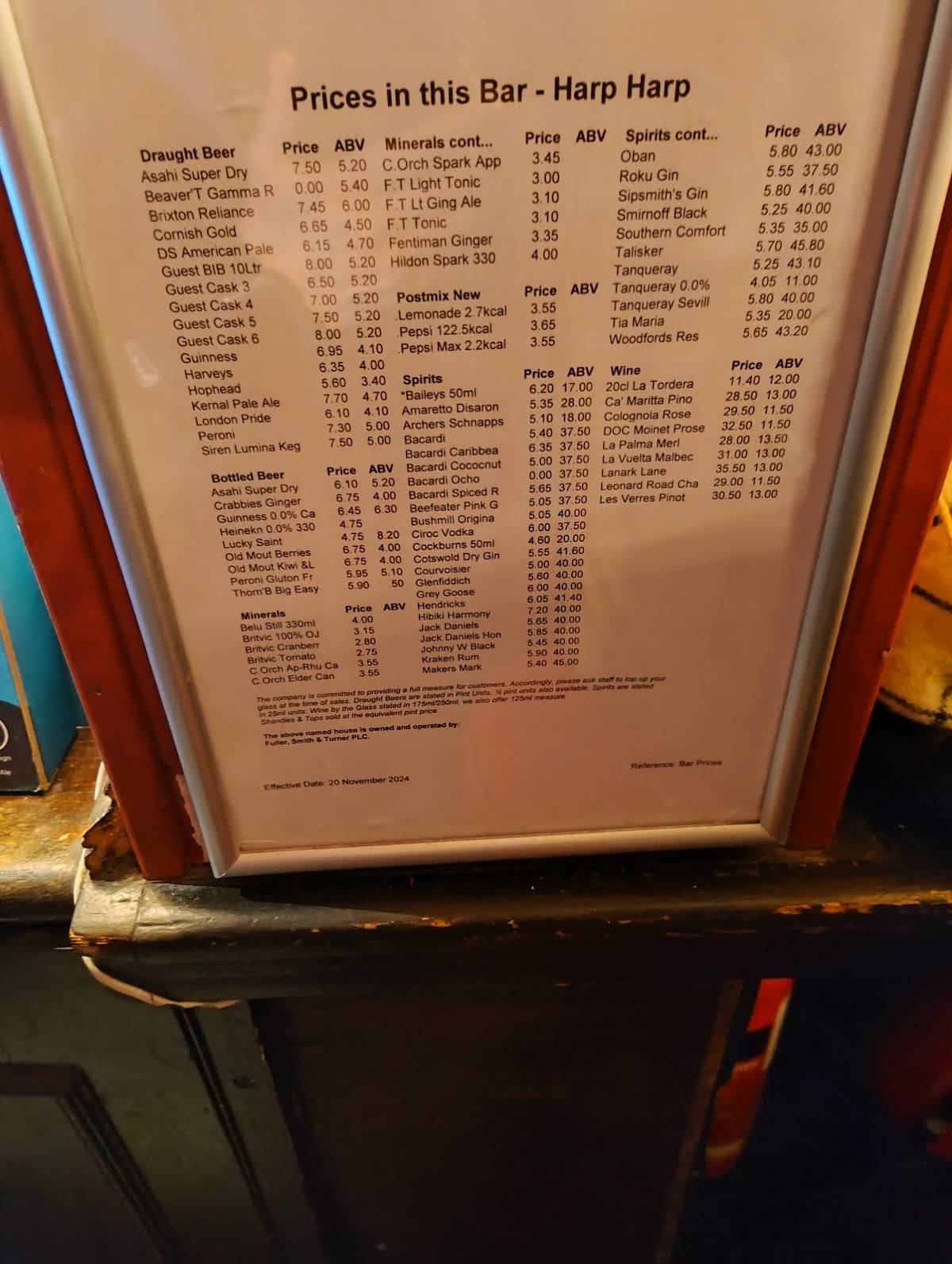 Menu at The Harp, Covent Garden pub & bar, London, 47 Chandos Pl