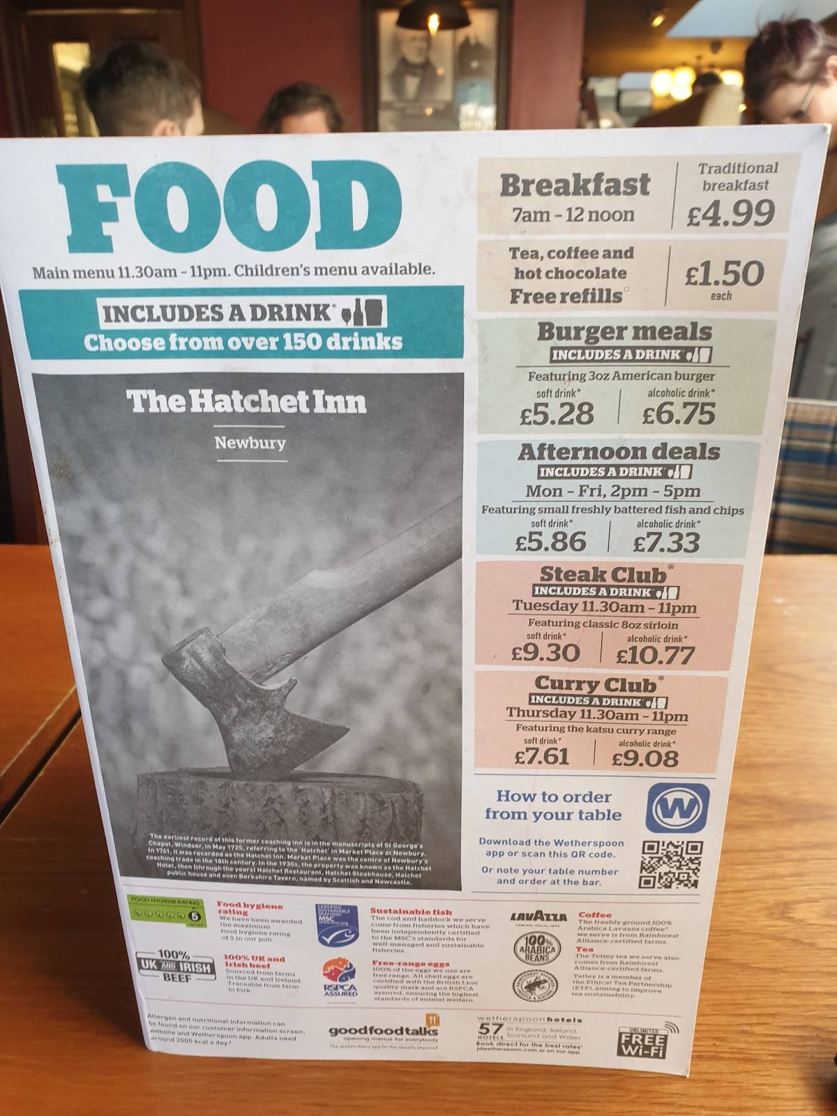 Menu at The Hatchet Inn - JD Wetherspoon pub & bar, Newbury