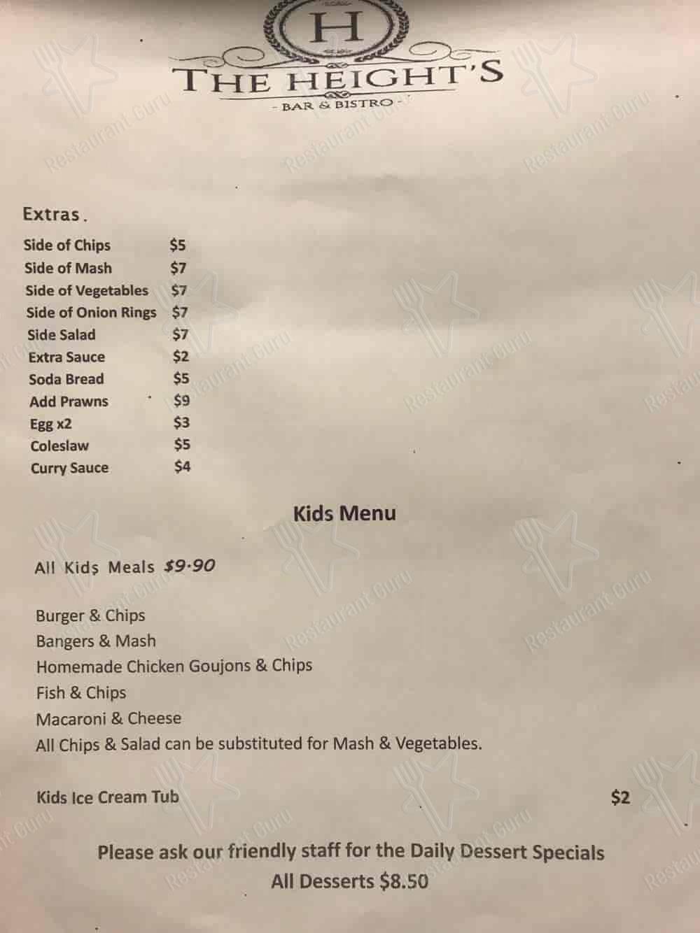 Menu at The Heights Bar & Bistro, Alexander Heights