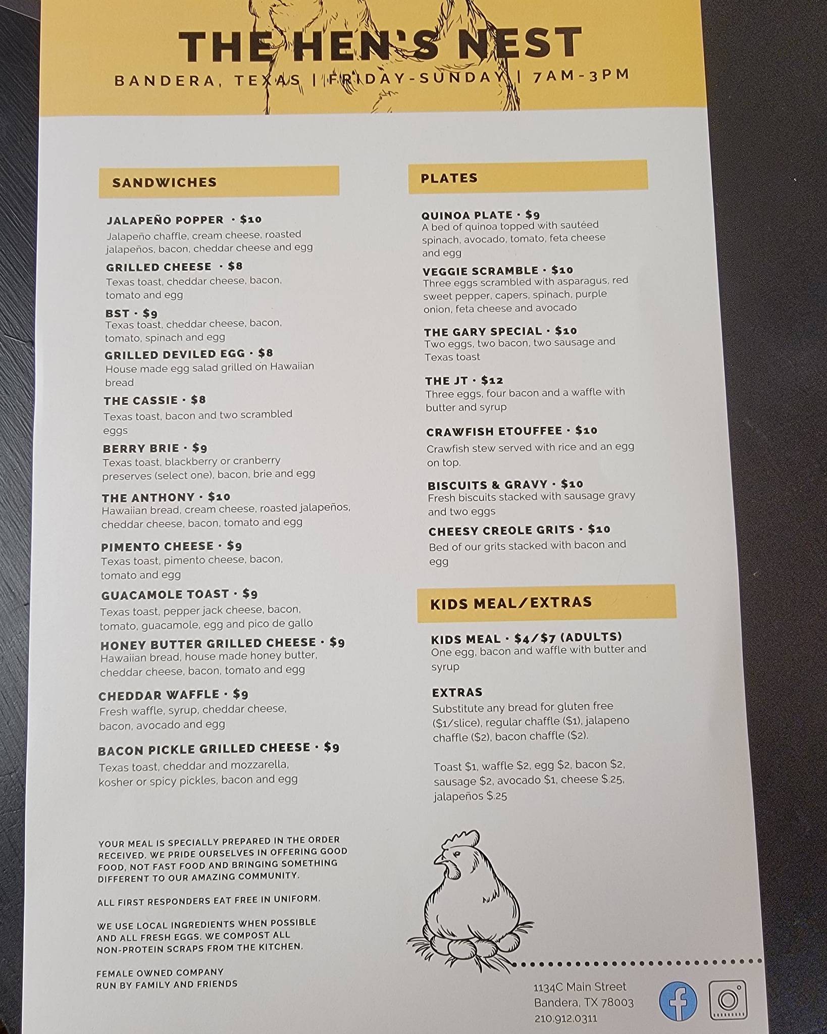 Menu at The Hen's Nest restaurant, Bandera