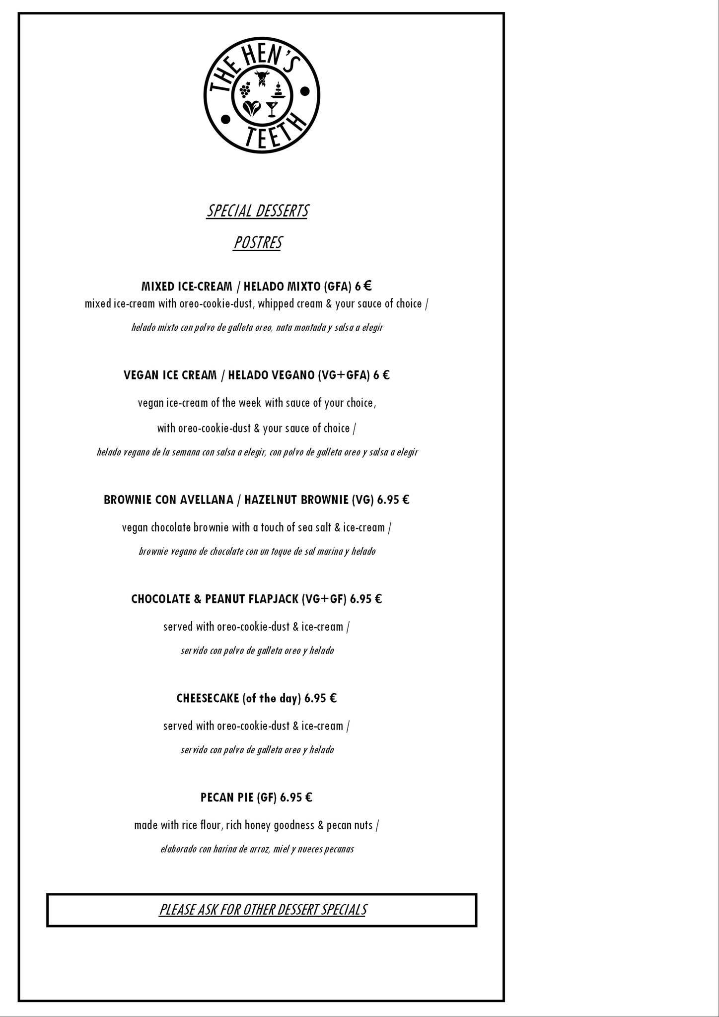 Menu at The Hen's Teeth pub & bar, Villamartín