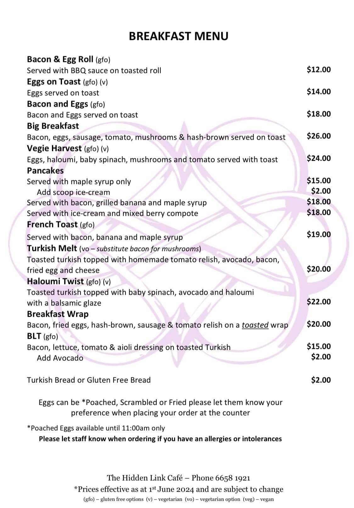 Menu at The Hidden Link Cafe, Coffs Harbour