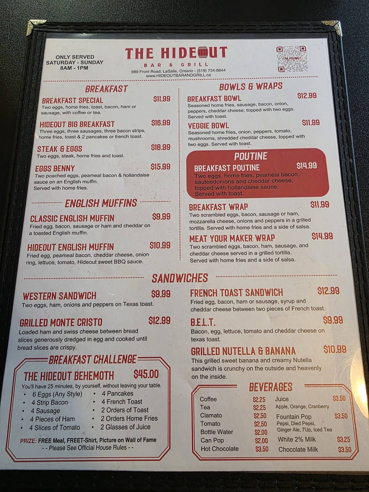 Menu at The Hideout Bar & Grill, LaSalle