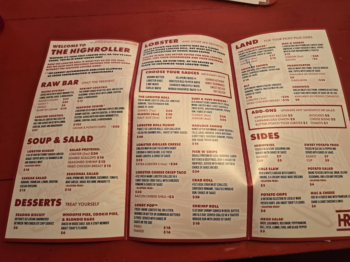 Menu at The Highroller Lobster Co. pub & bar, Portland