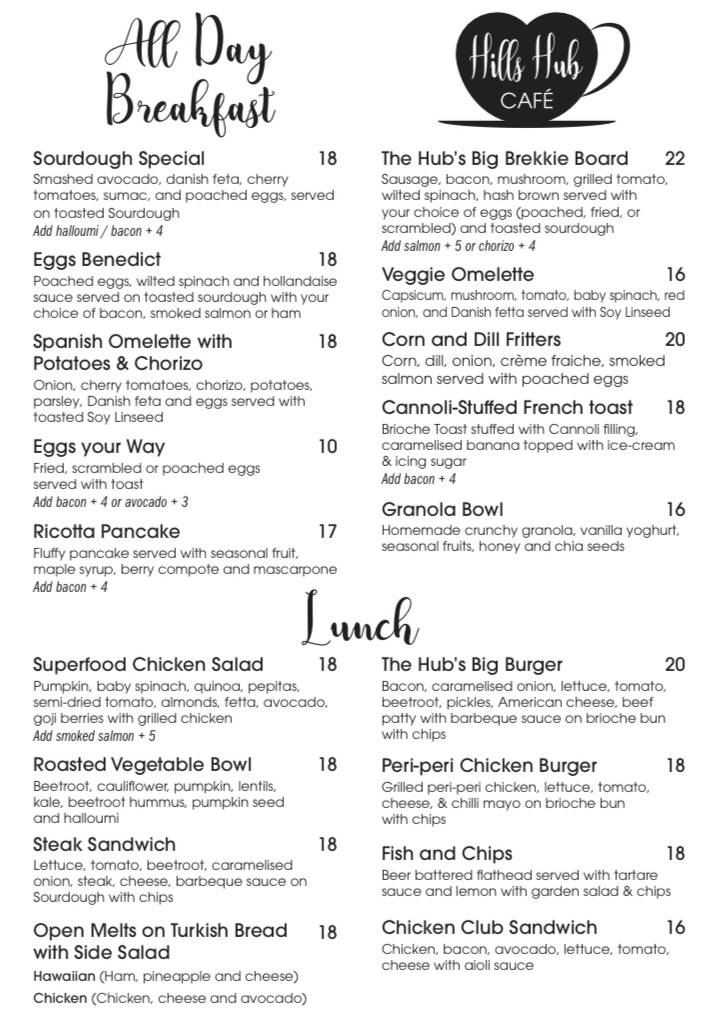Carta de The Hills Hub Cafe, McGraths Hill