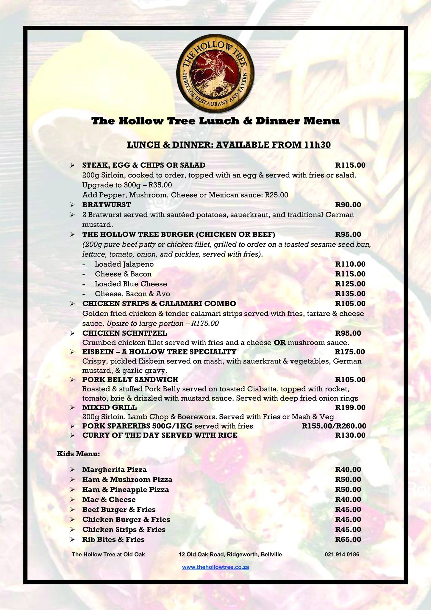 Menu at The Hollow Tree at Old Oak restaurant, Cape Town, 12 Old Oak Rd