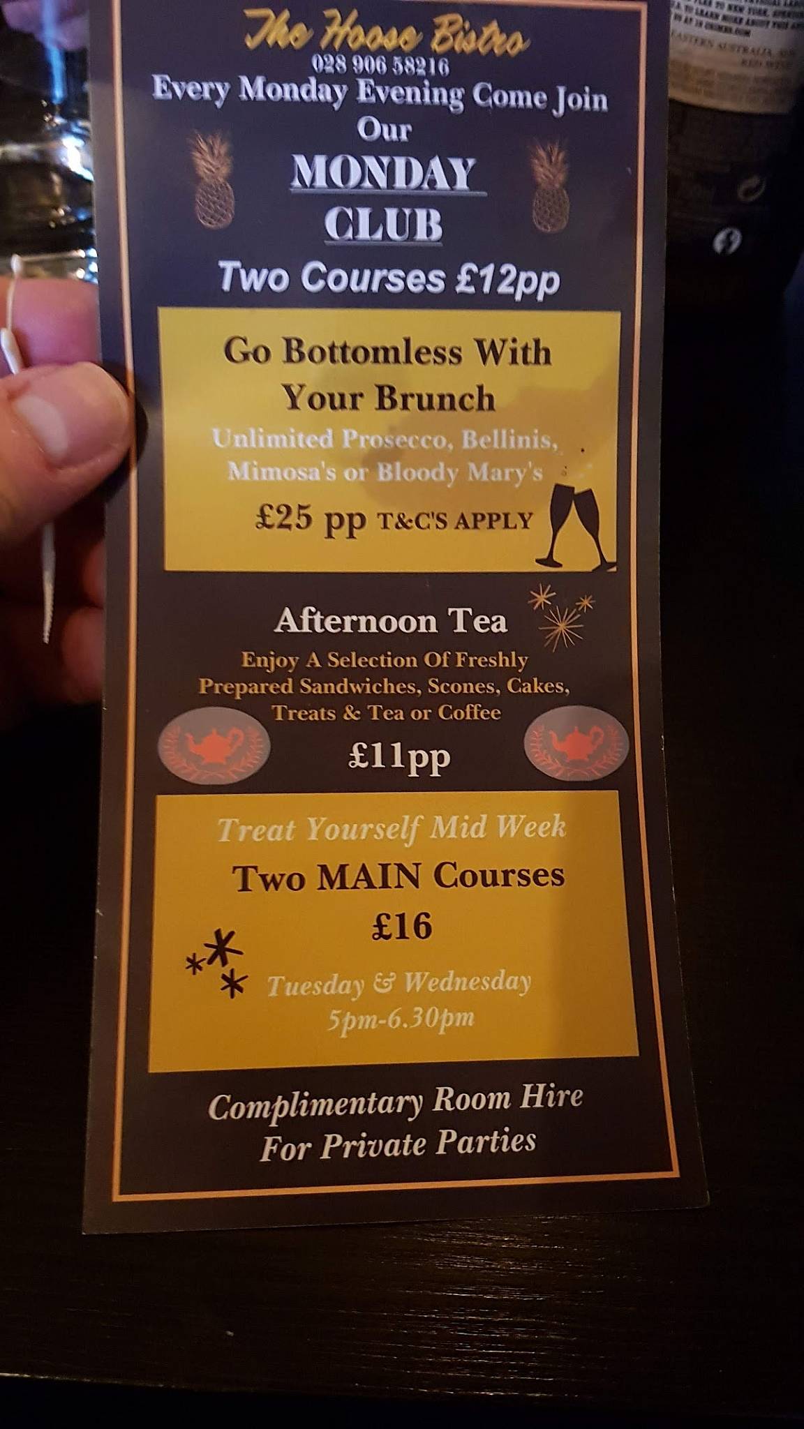Menu at The Hoose Bistro restaurant, Belfast