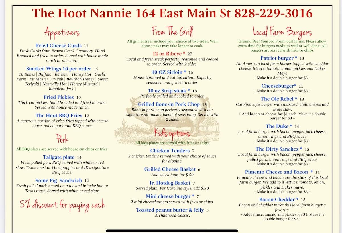 Menu at The Hoot Nannie pub & bar, Forest City