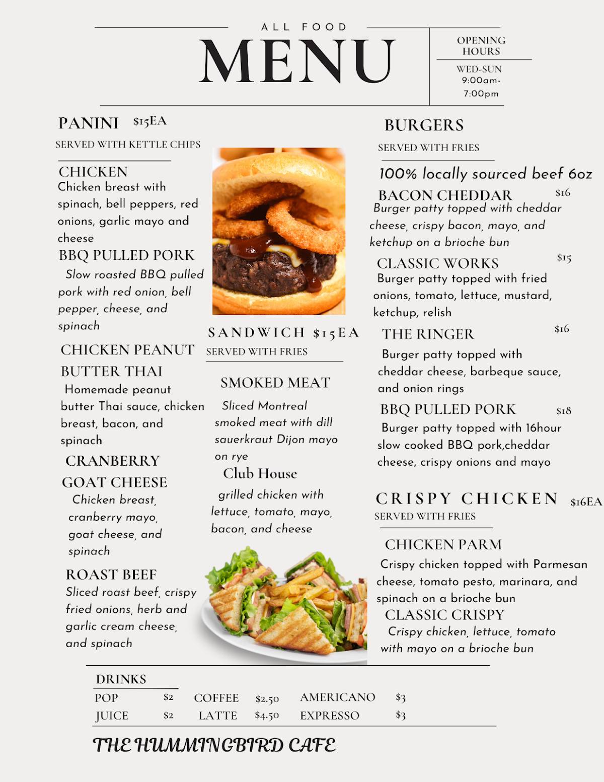 Menu at The Hummingbird Cafe, New Germany