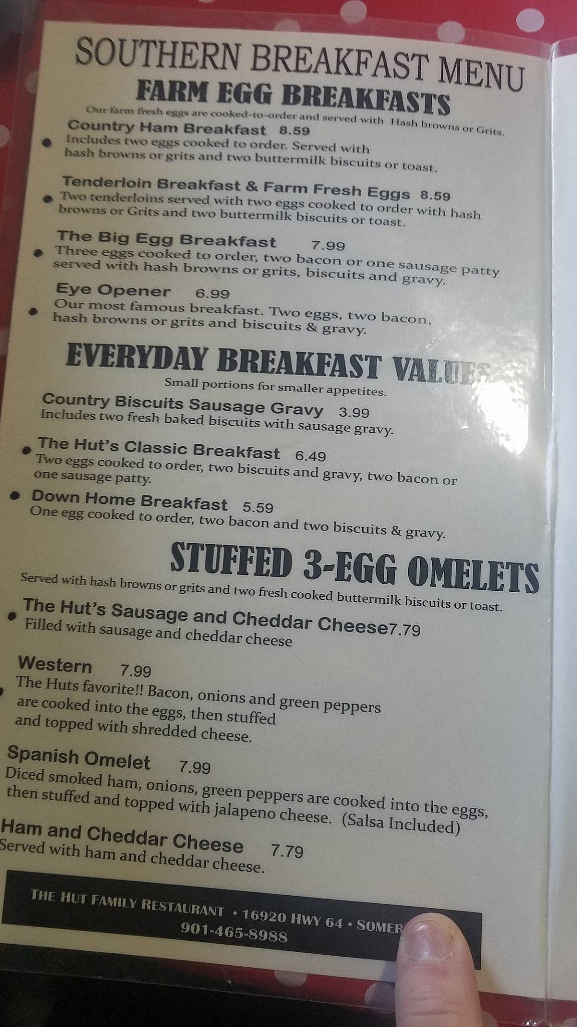 Menu at The Hut restaurant, Somerville