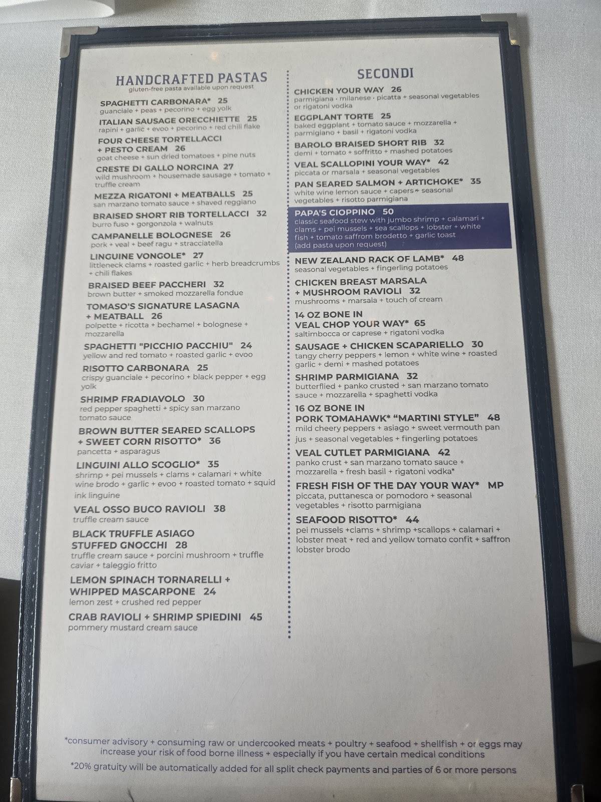 Menu at The Italian Daughter restaurant, Scottsdale