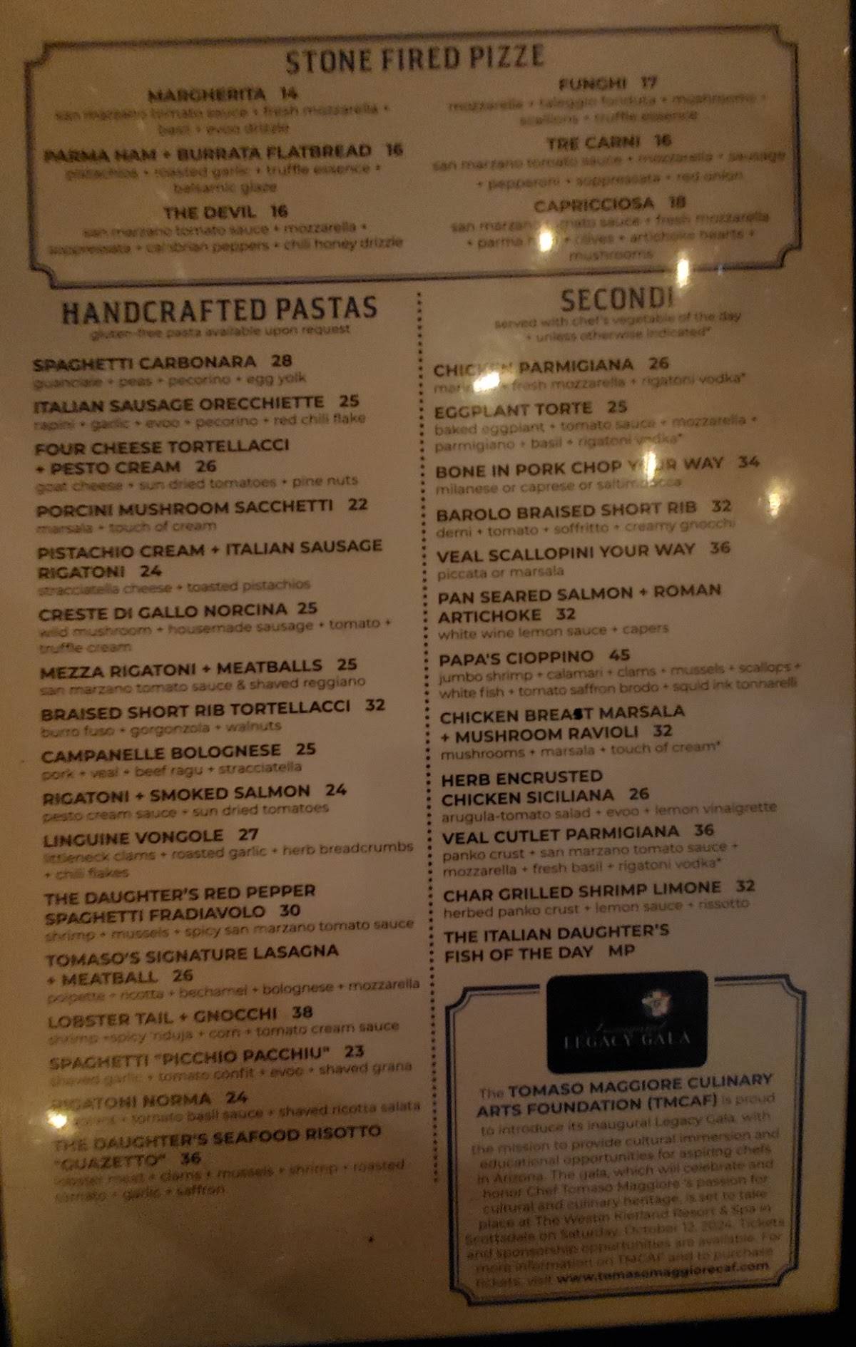 Menu at The Italian Daughter restaurant, Scottsdale