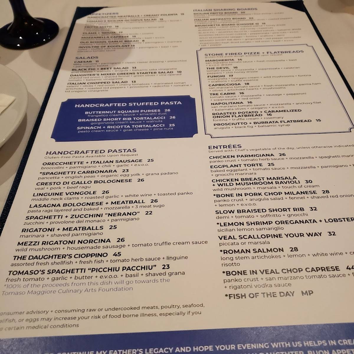 Menu at The Italian Daughter restaurant, Scottsdale