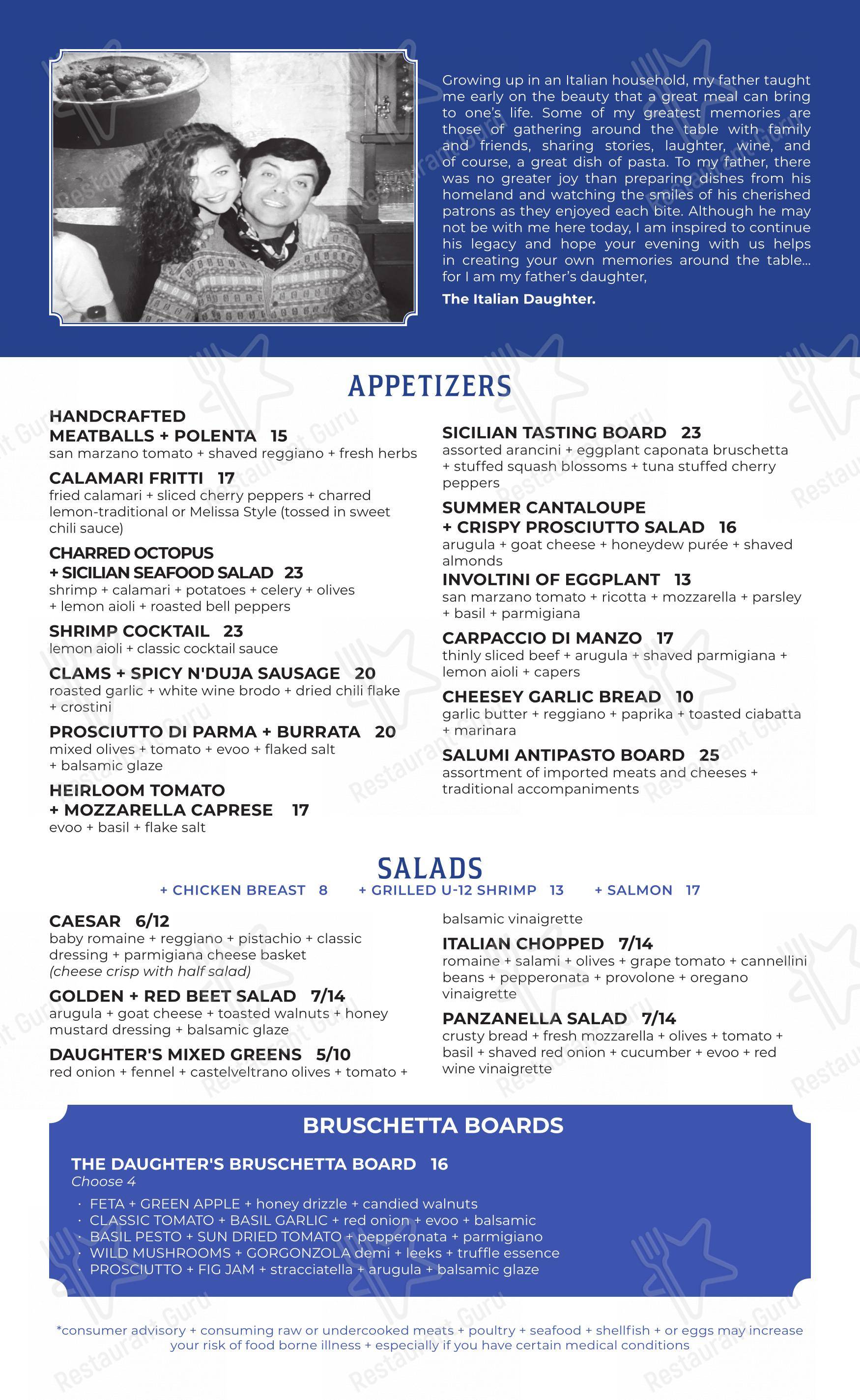 Menu at The Italian Daughter restaurant, Scottsdale