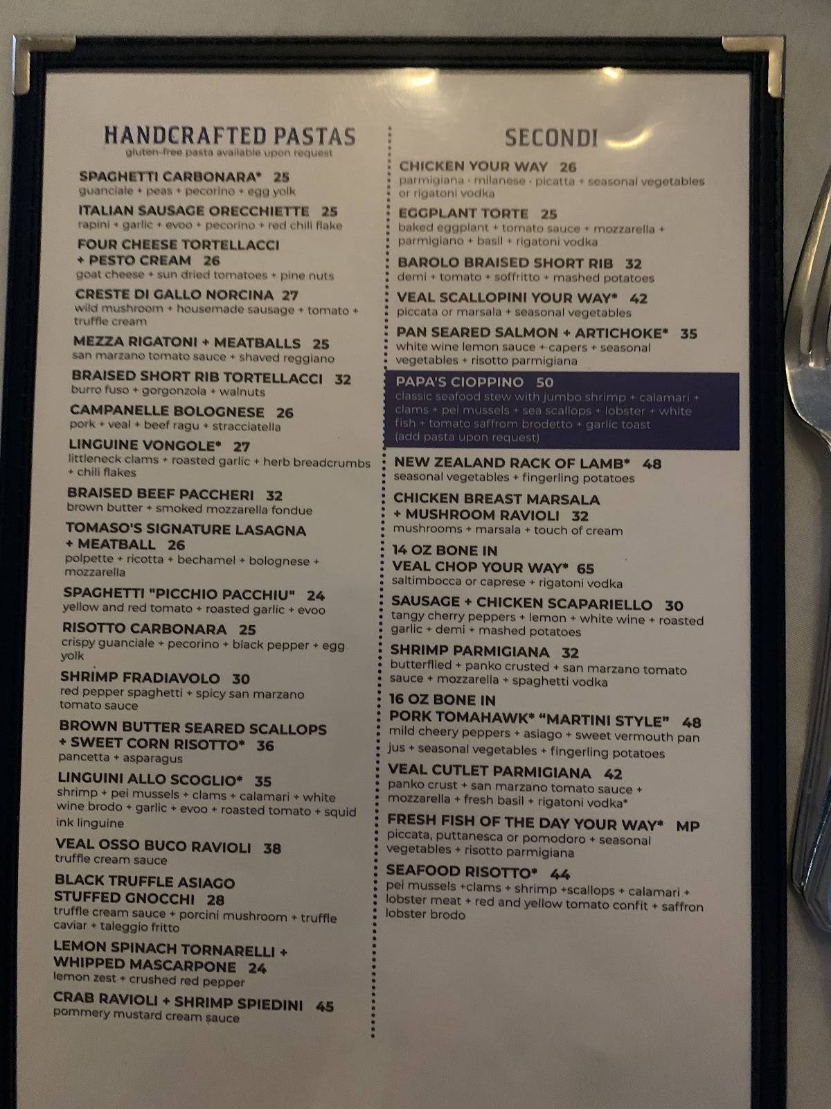 Menu at The Italian Daughter restaurant, Scottsdale