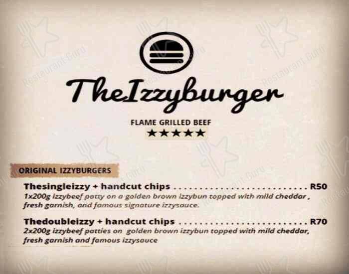 Menu at The Izzy Burger, Cape Town, 11 Belgravia Avenue