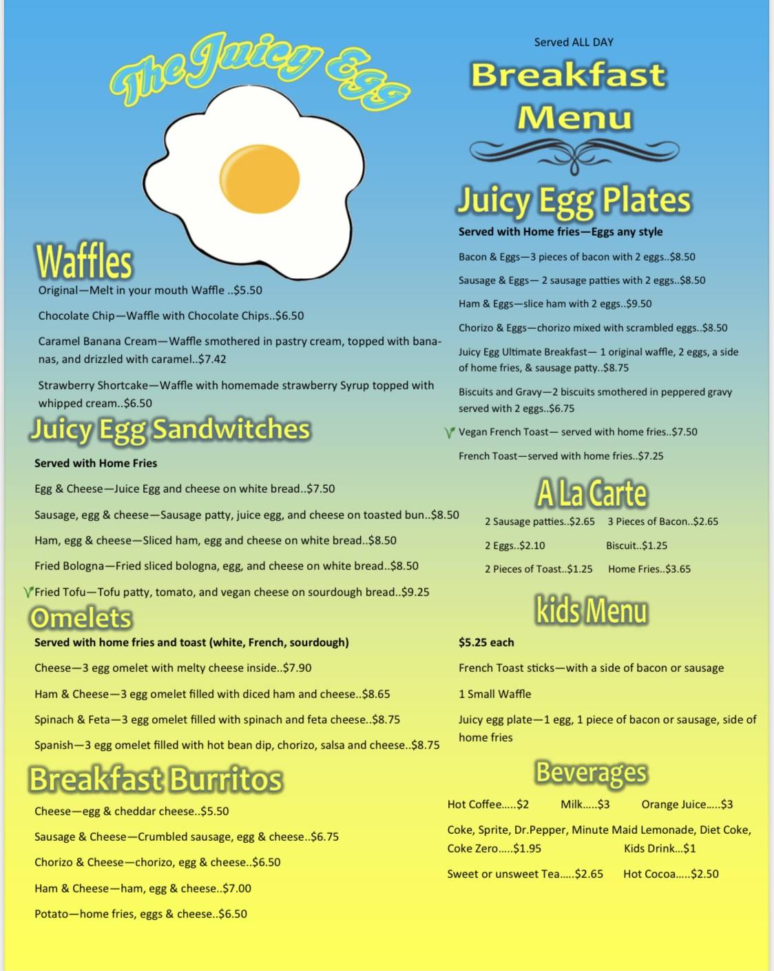 Menu at The Juicy Egg restaurant, Columbia