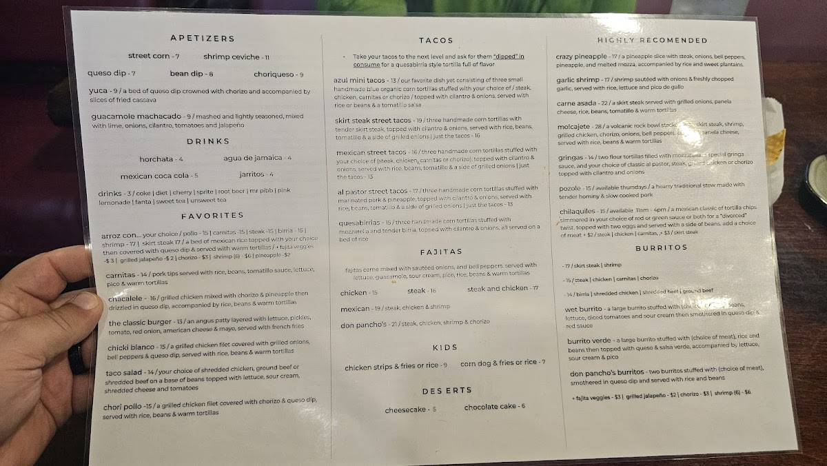 Menu at The Jungle Mexican Cantina & Handmade Tortillas pub & bar, Kokomo