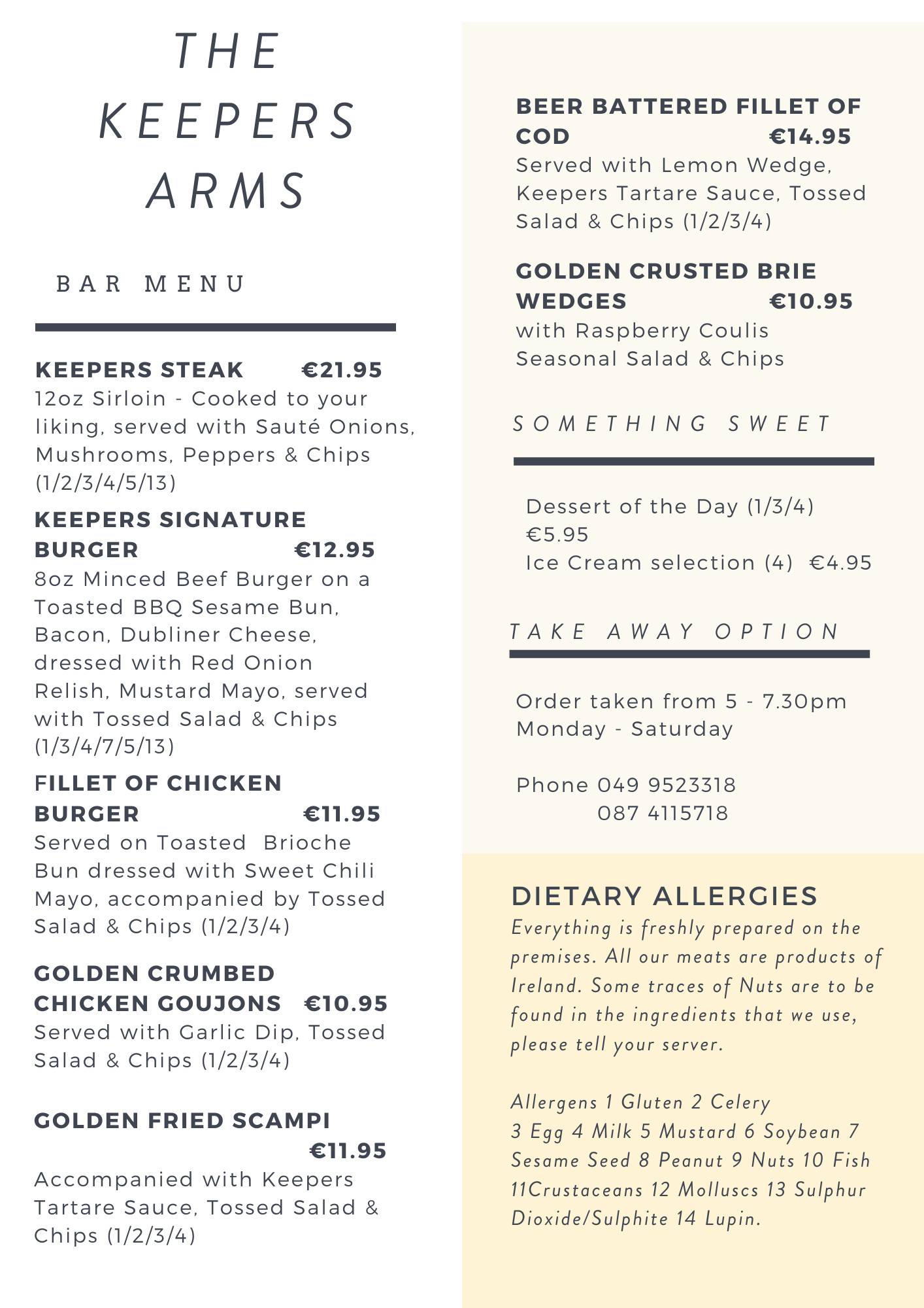 Menu at The Keepers Arms pub & bar, Bawnboy, Bridge Street Corrasmongan