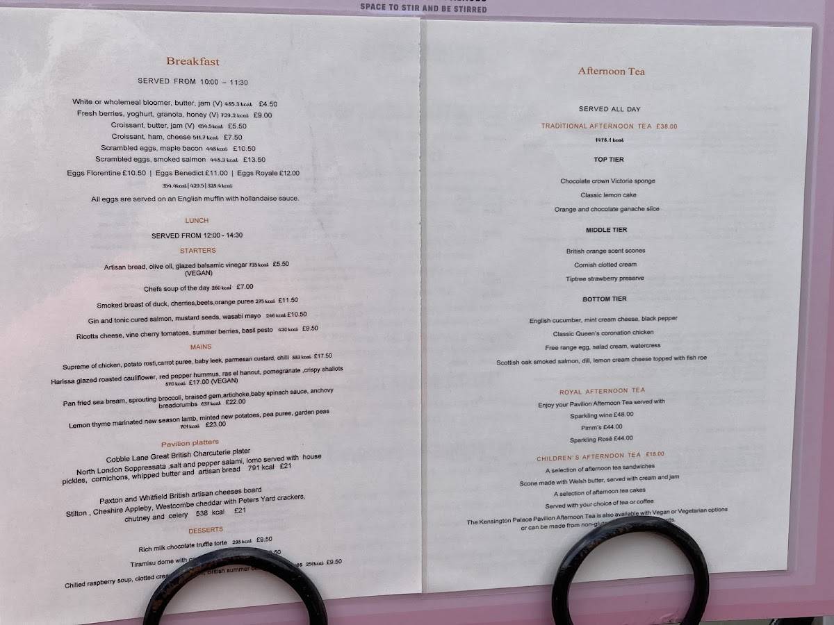 Menu at The Kensington Palace Pavilion restaurant, London