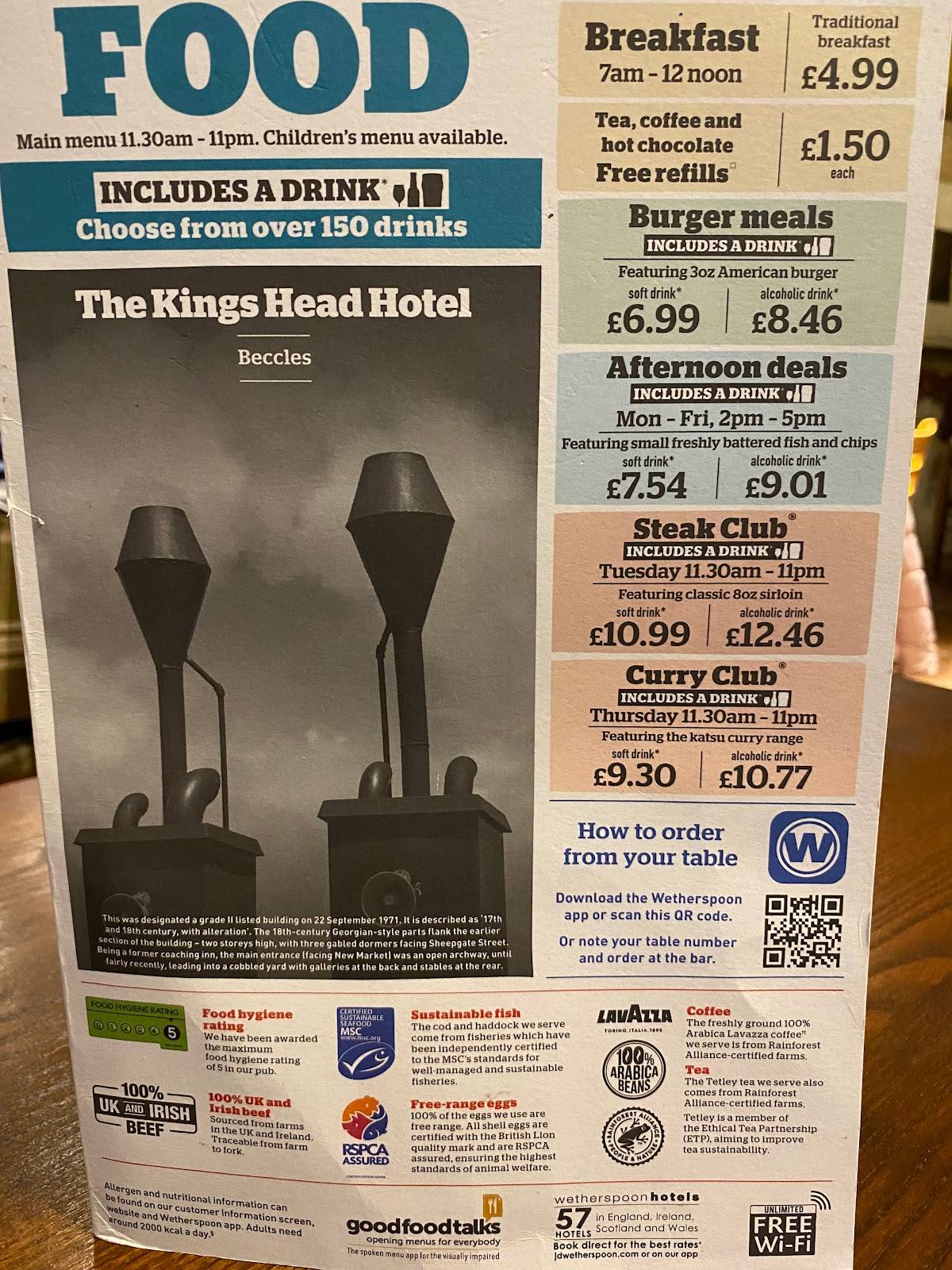 Menu at The Kings Head Hotel - J D Wetherspoon pub & bar, Beccles
