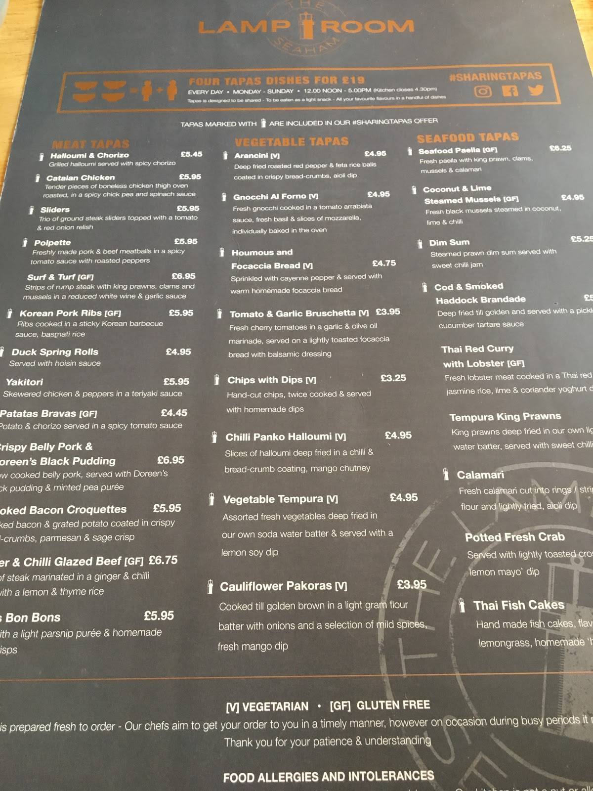Menu at The Lamp Room restaurant, Seaham