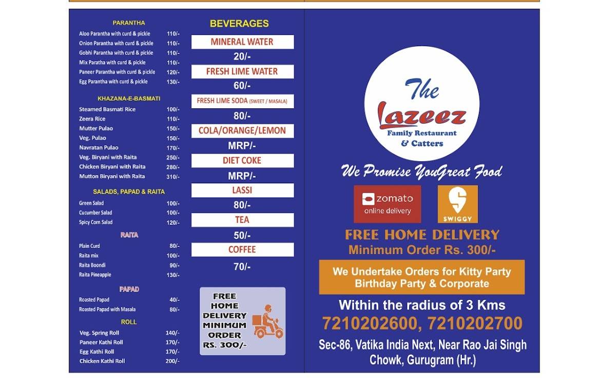Menu at The Lazeez Family Restaurant 86, Gurugram