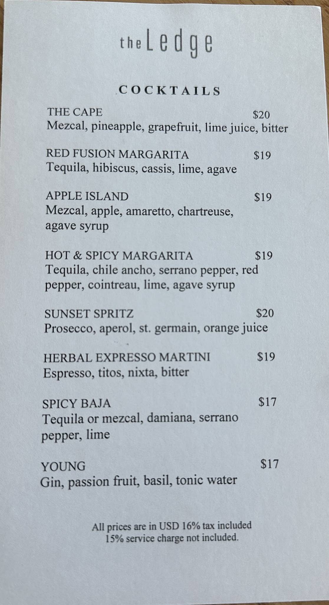 Menu at The Ledge at The Cape, a Thompson Hotel restaurant, Cabo San Lucas