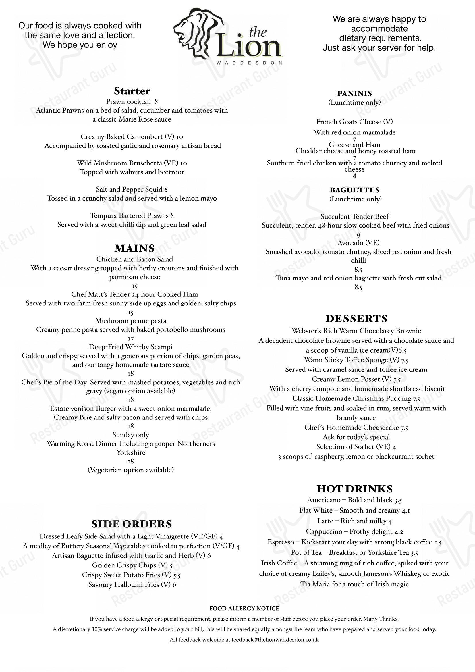 Menu at The Lion pub & bar, Waddesdon, 70A High St