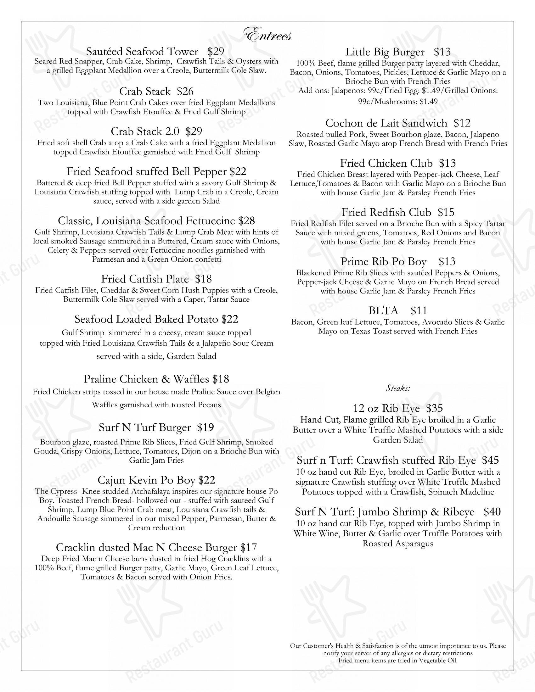 Menu at The Little Big Cup restaurant, Arnaudville