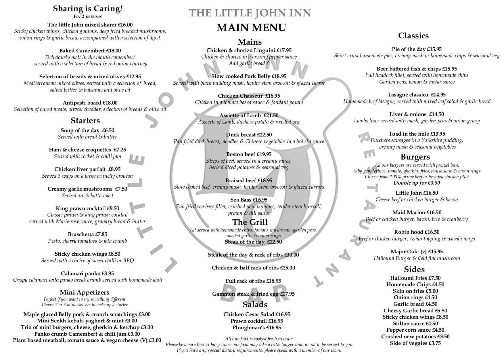 Menu at Little John Inn pub & bar, Ravenshead