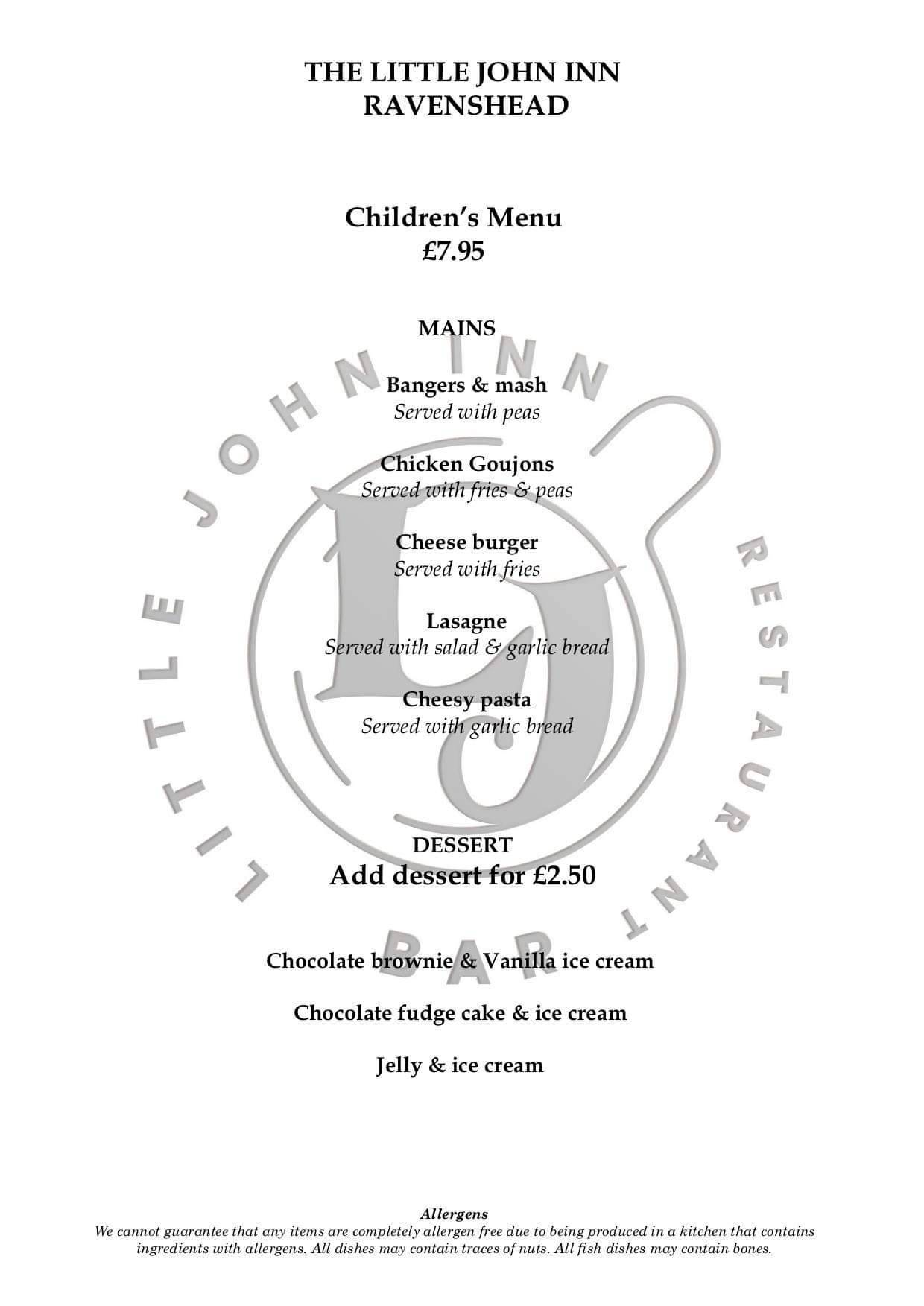 Menu at Little John Inn pub & bar, Ravenshead