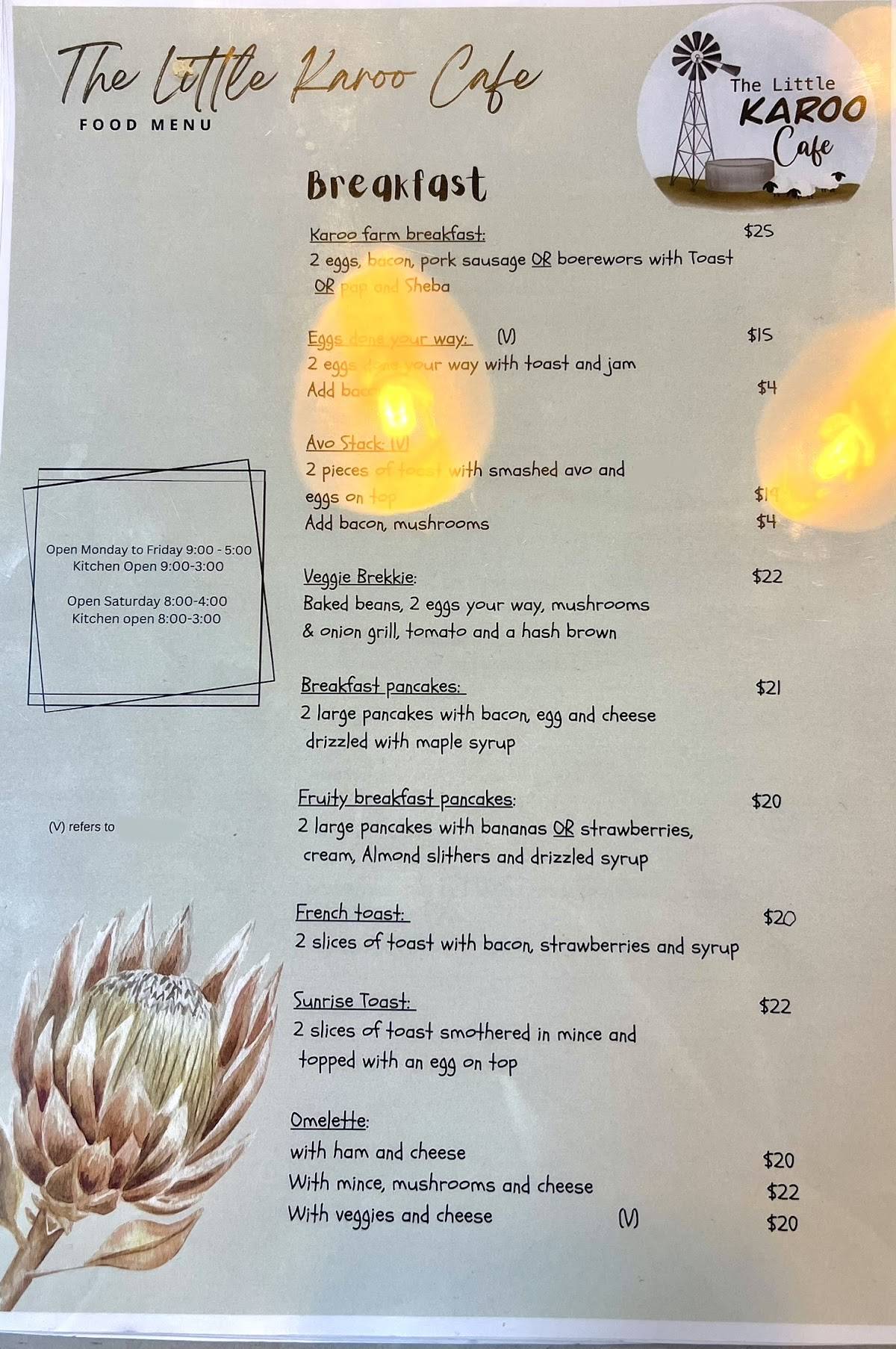 Menu at The Little Karoo Cafe, Joondalup