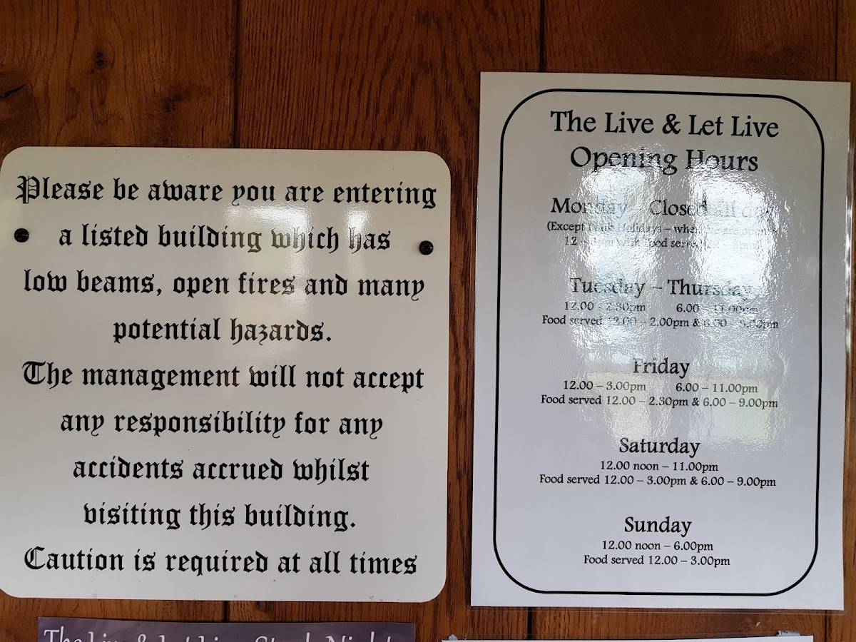 Menu at The Live & Let Live pub & bar, Whitbourne, Bringsty Common