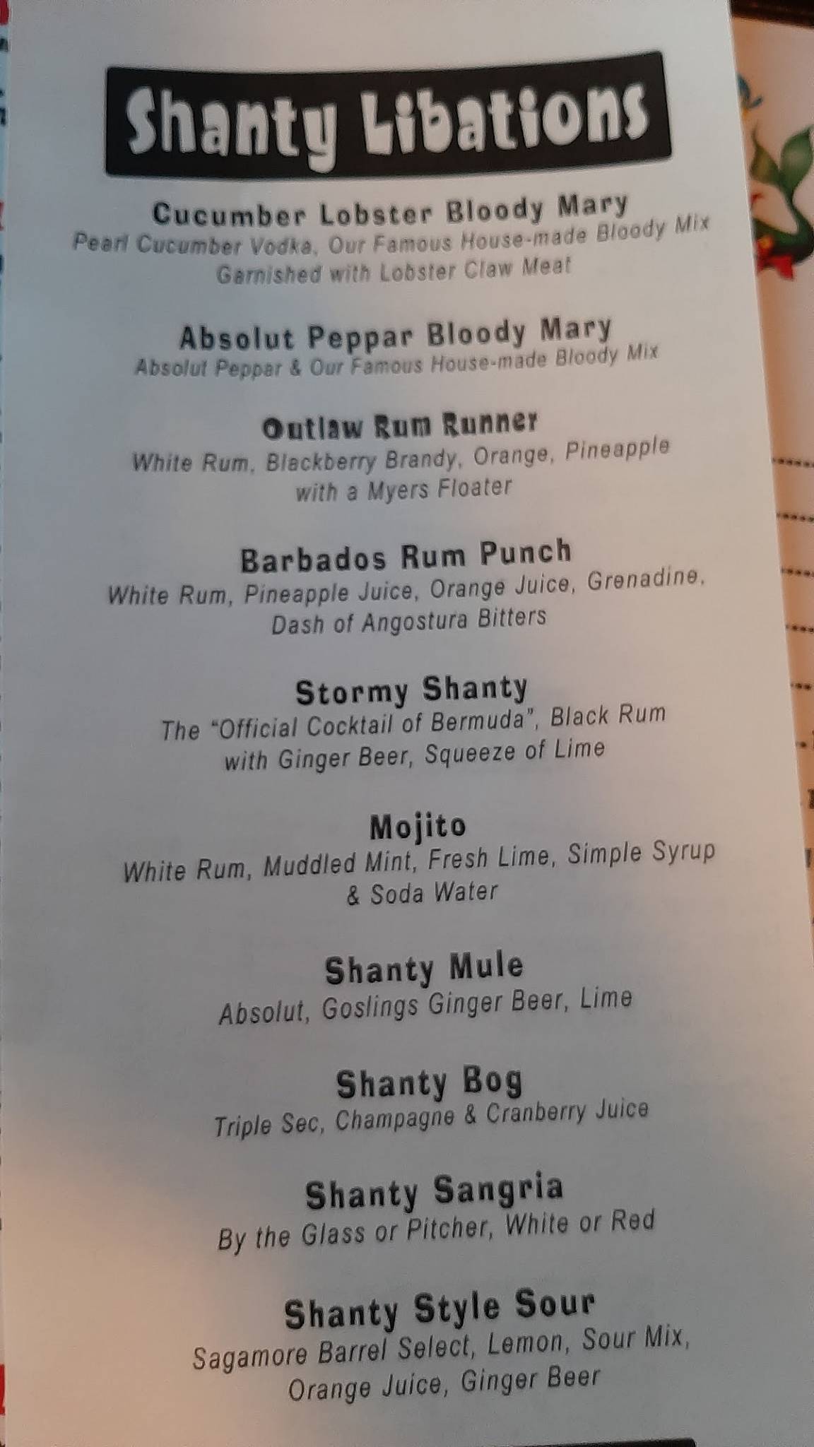 Menu at The Lobster Shanty restaurant, Fenwick Isle