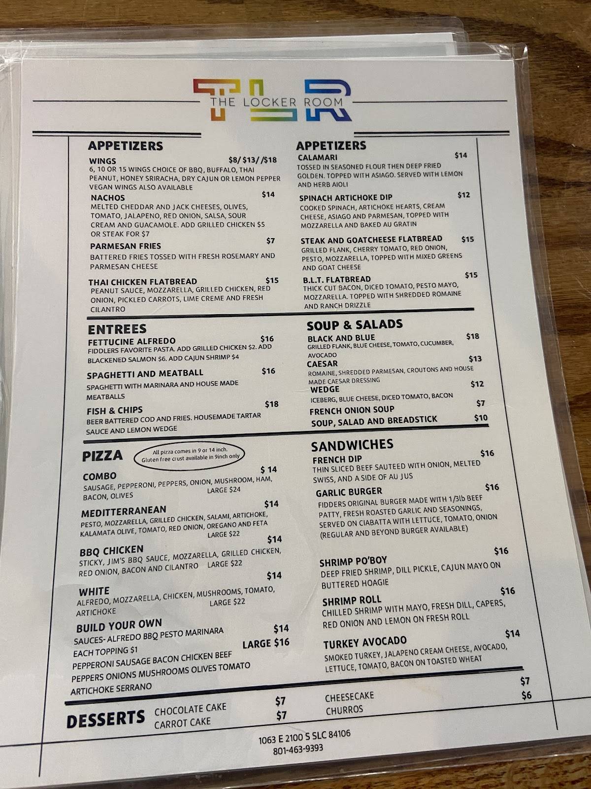 Menu at The Locker Room SLC pub & bar, Salt Lake City